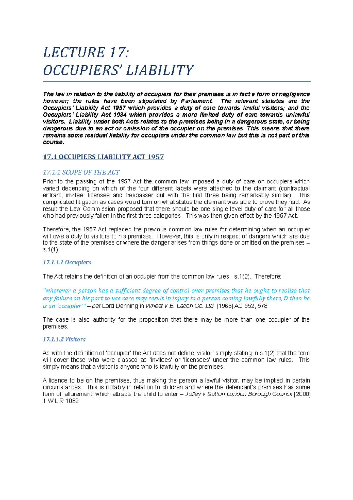 Occupiers' Liability Lecture Notes - LECTURE 17: OCCUPIERS’ LIABILITY ...