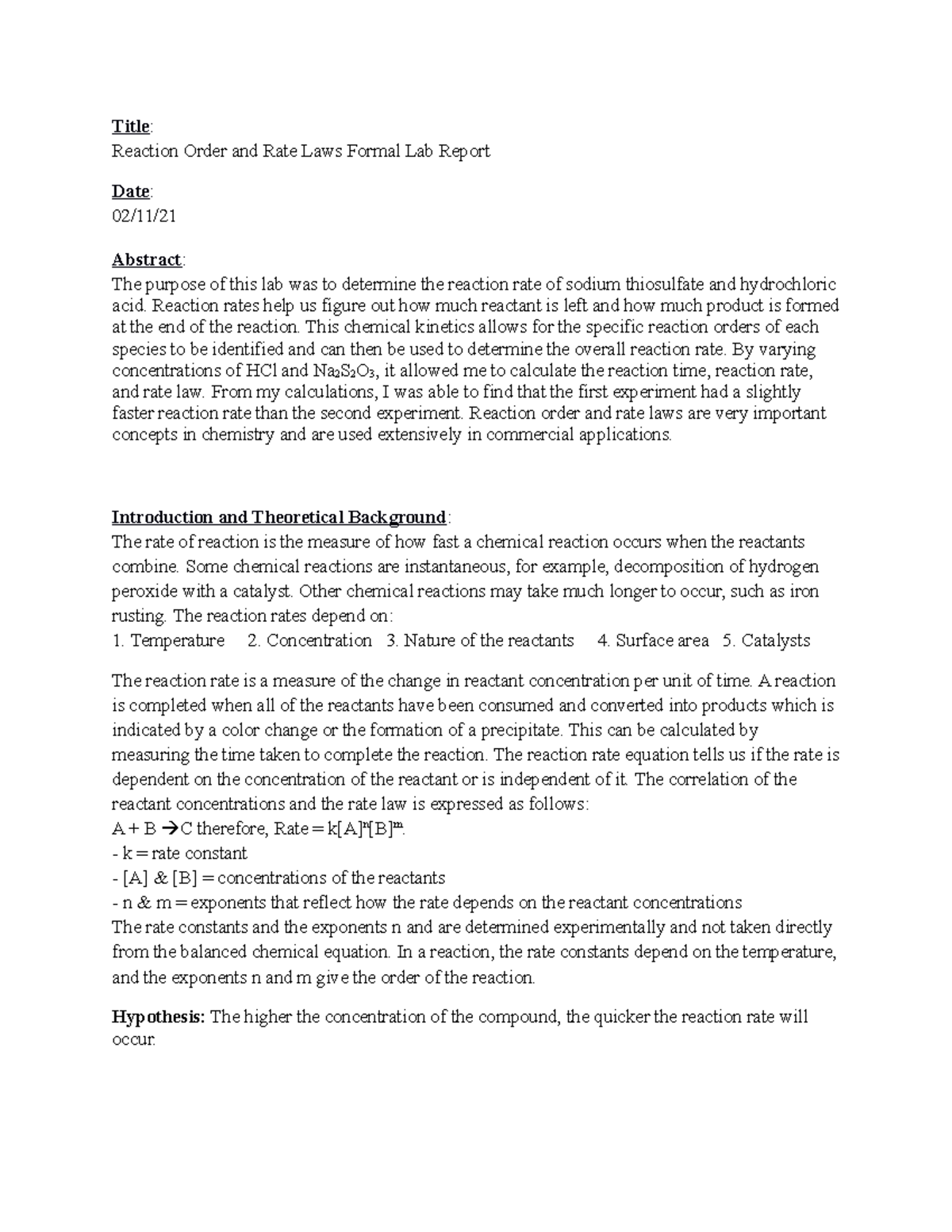 Reaction Order and Rate Laws Formal Lab Report - Reaction rates help us ...