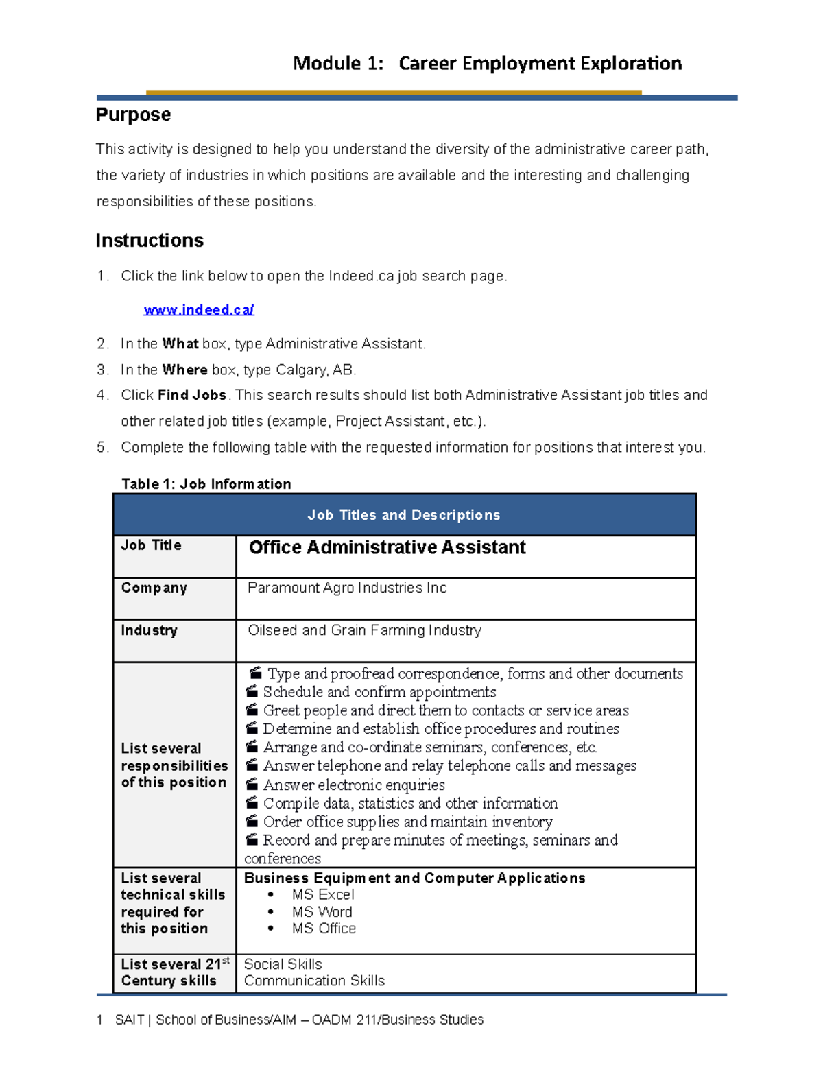 Oadm211 01 Career Employment Exploration - Purpose This activity is ...