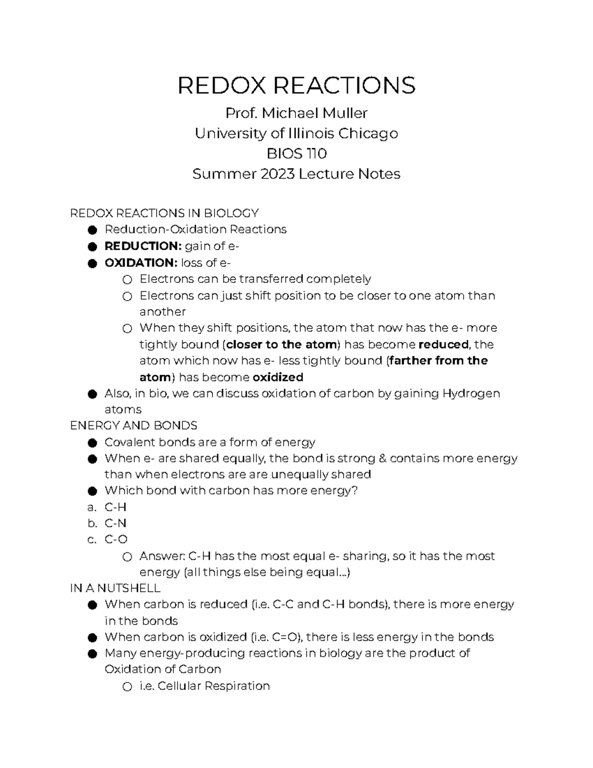 Redox Reactions - REDOX REACTIONS Prof. Michael Muller University of ...