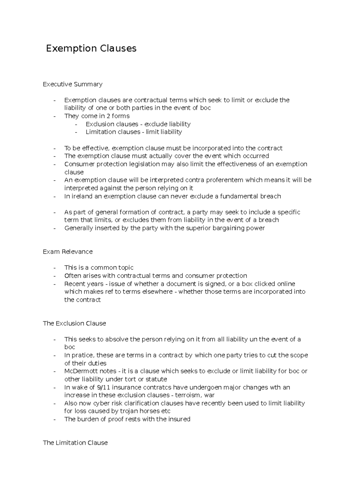 Exemption Clauses - Fe1 study notes - Exemption Clauses Executive ...