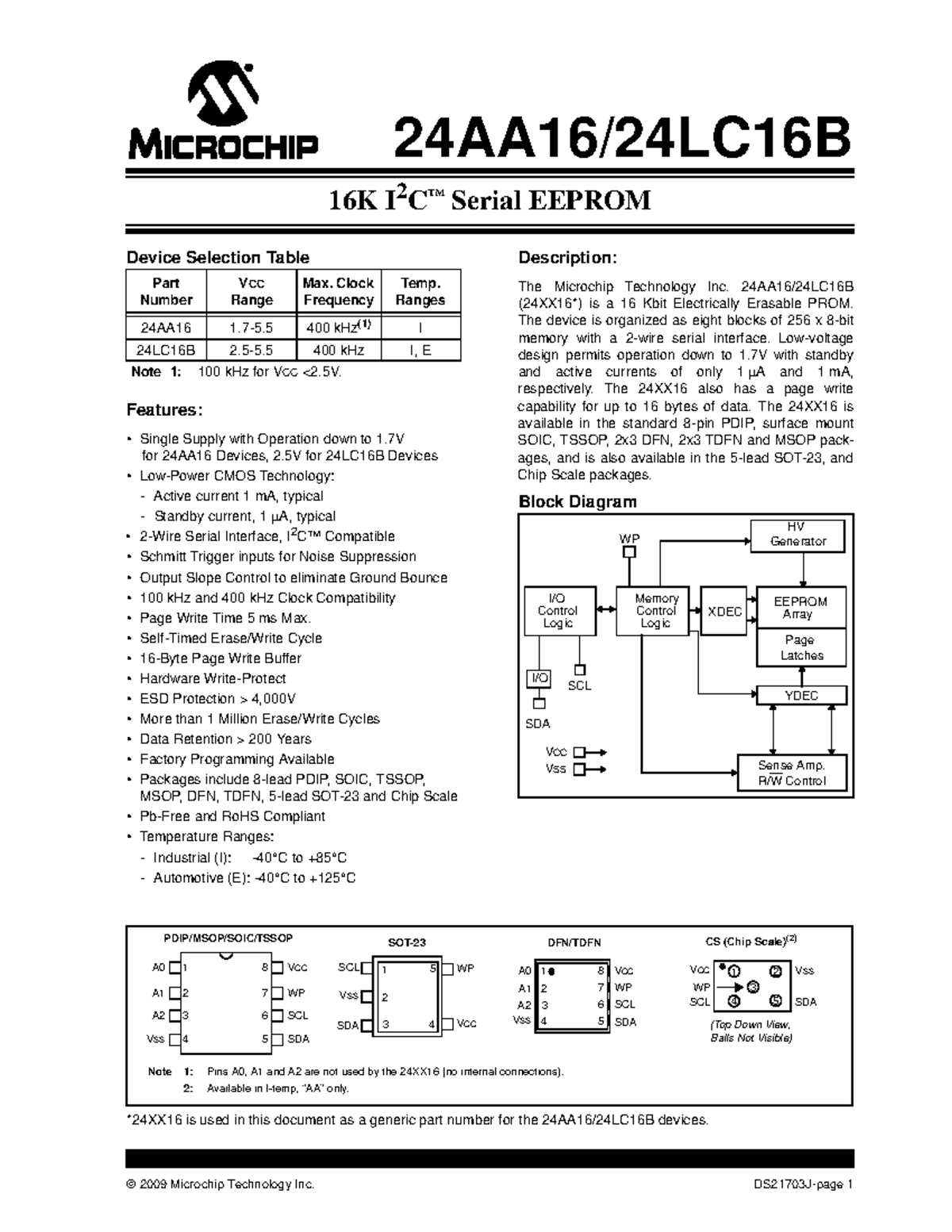 24LC16B - Serial Eeprom - © 2009 Microchip Technology Inc. DS21703J ...