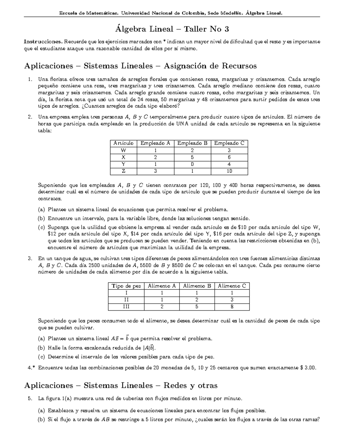 Taller 3 - Algebra lineal - Escuela de Matem ́aticas. Universidad ...