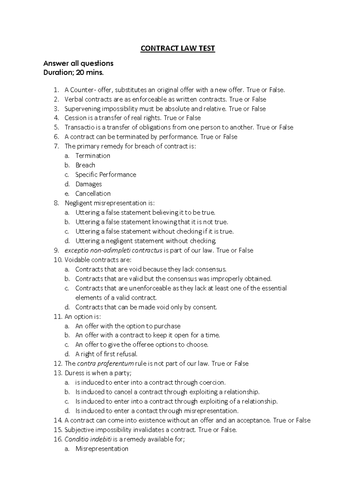 Contract LAW Tests 1 2023 - CONTRACT LAW TEST Answer all questions ...