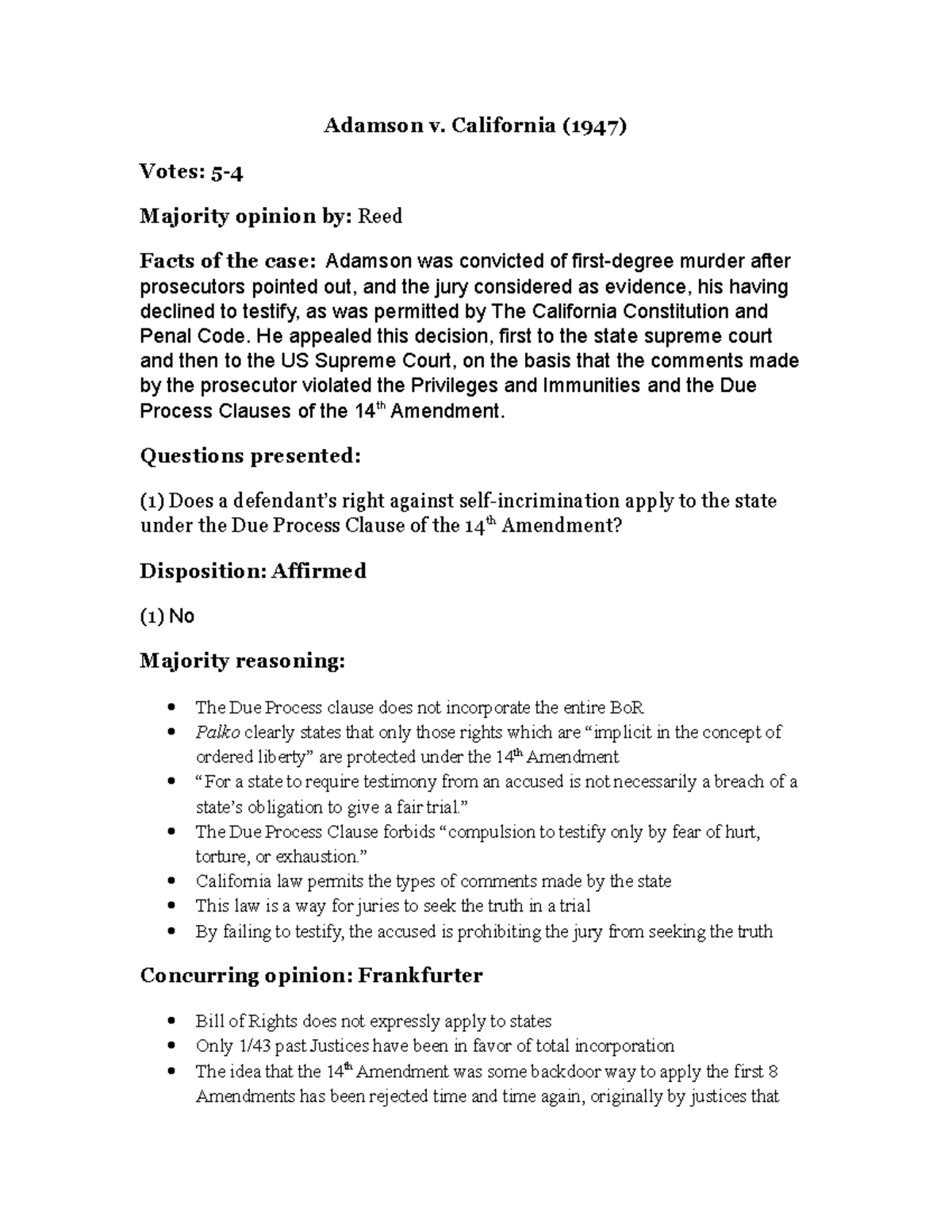 Adamson v. California Brief - Adamson v. California (1947) Votes: 5-4 ...