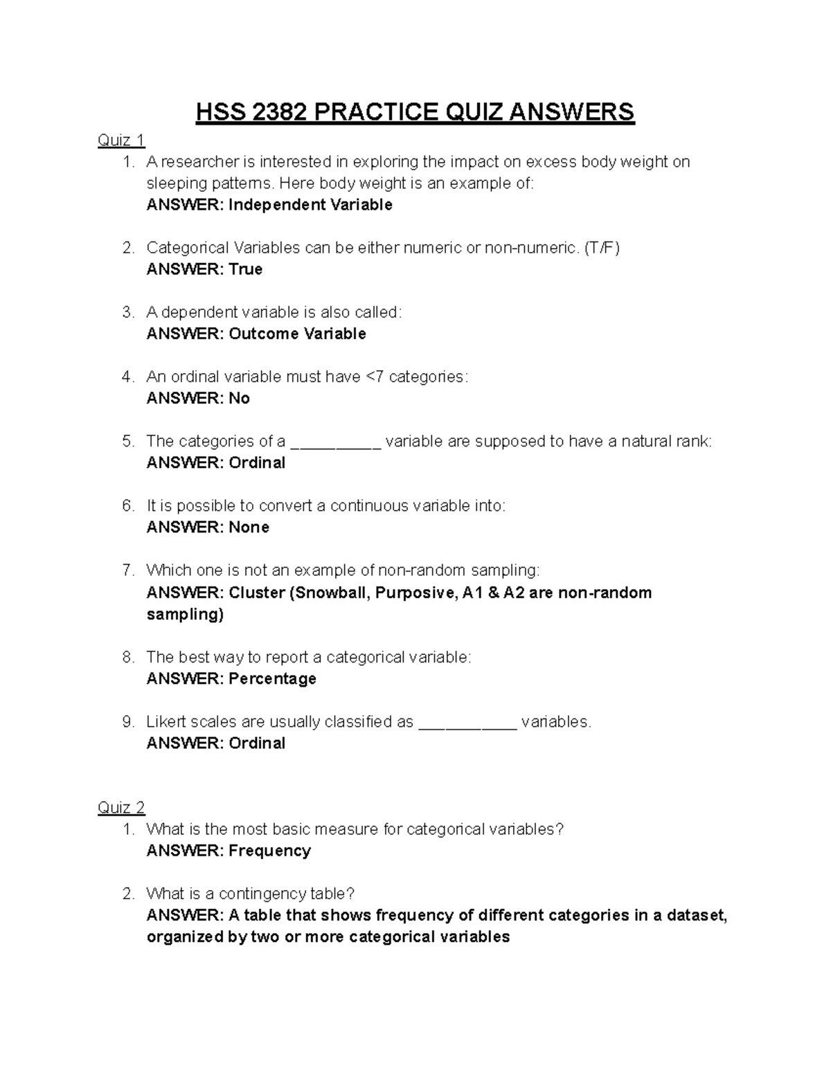 HSS 2382 Stats midterm practice questions - HSS 2382 PRACTICE QUIZ ...