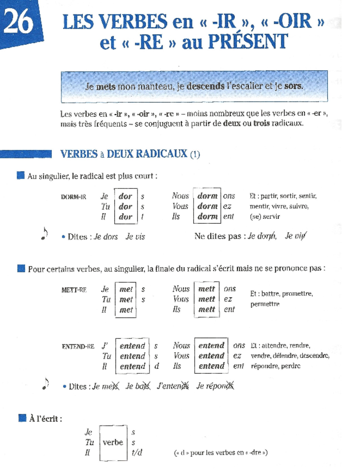 Les verbes en -ir -oir -re - Lingua francese - Studocu