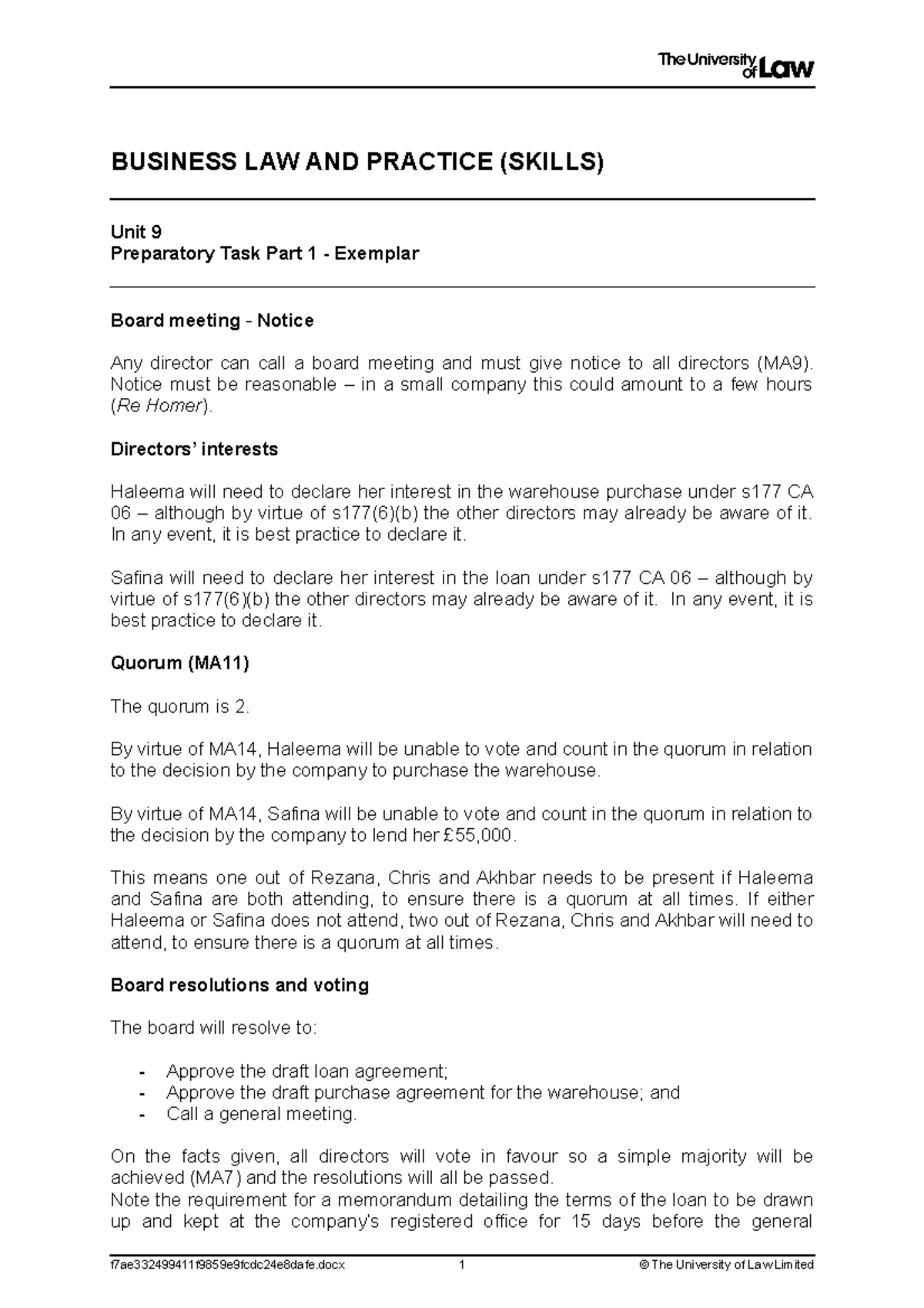 Part 1 Answer 2022 unit 9 company procedure - BUSINESS LAW AND PRACTICE ...