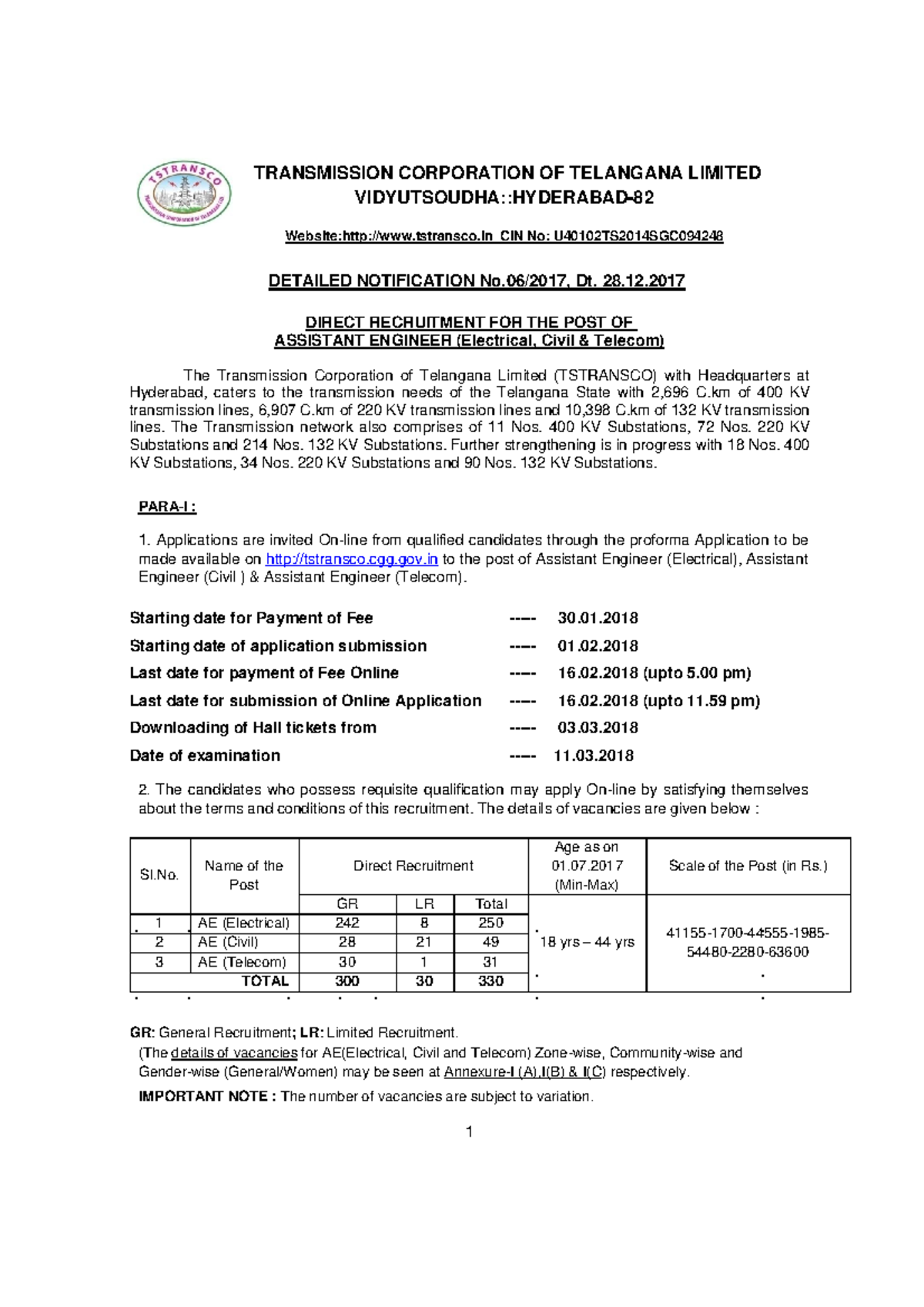 1 AE Notification - Dhdhsjs - TRANSMISSION CORPORATION OF TELANGANA ...