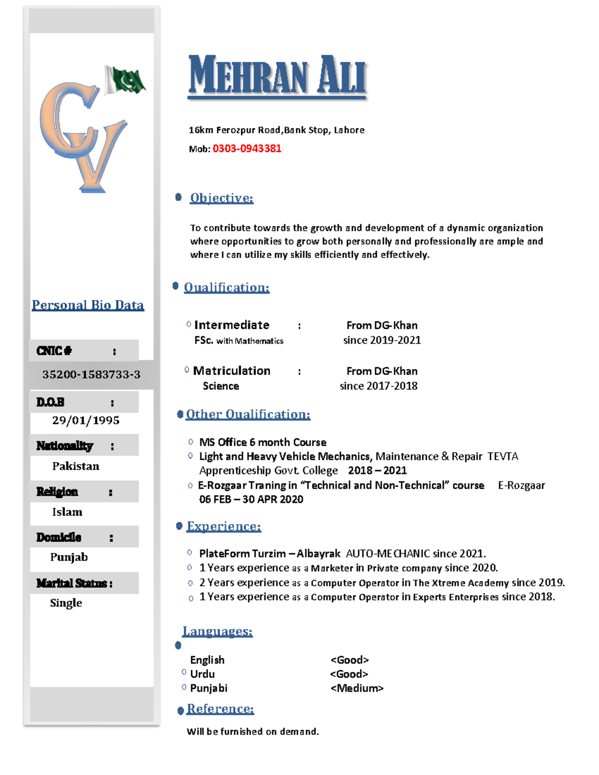 Mehran Ali CV.... com - Personal Bio Data 35200-1583733- 29/01 ...
