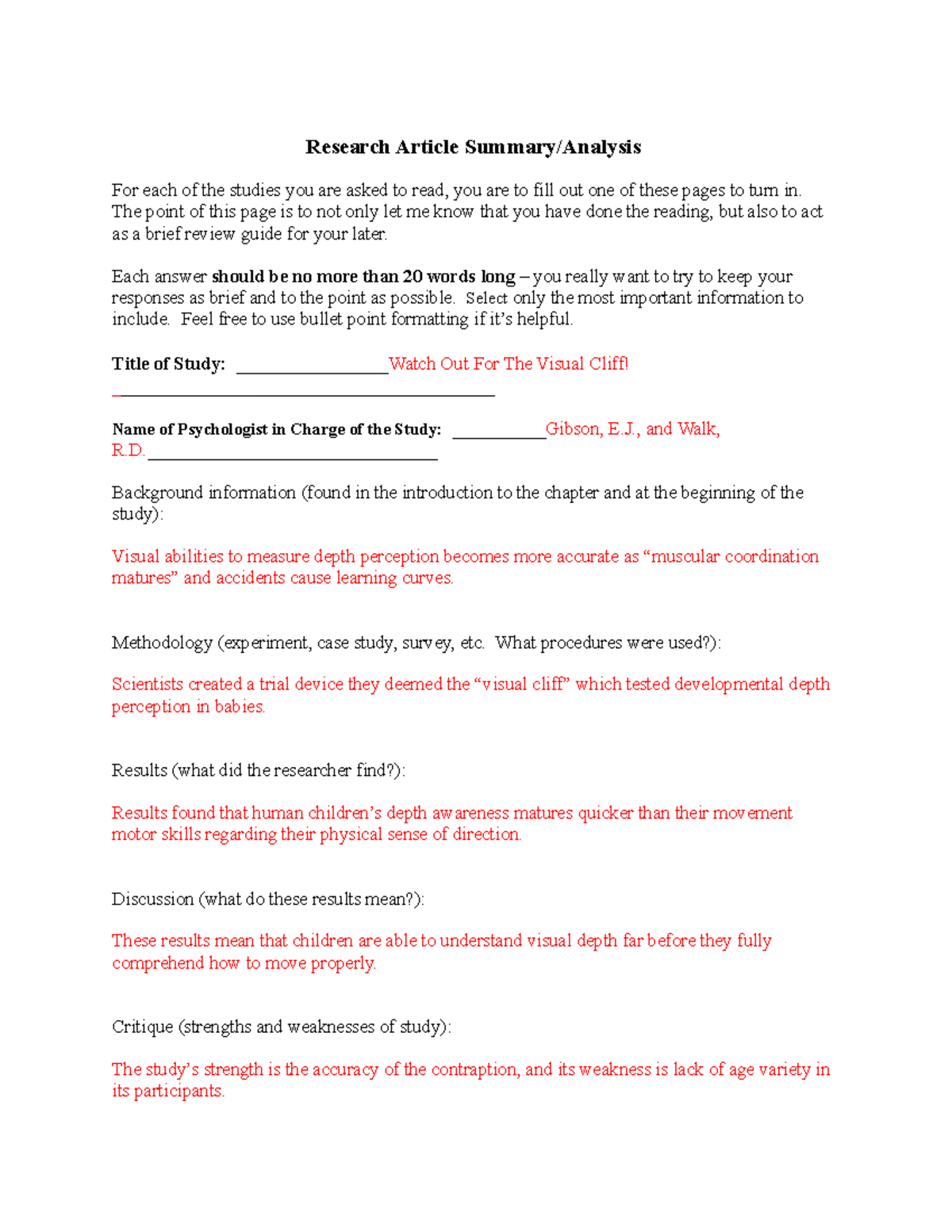 Biology and Human Behavior - Research Article Summary/Analysis For each ...