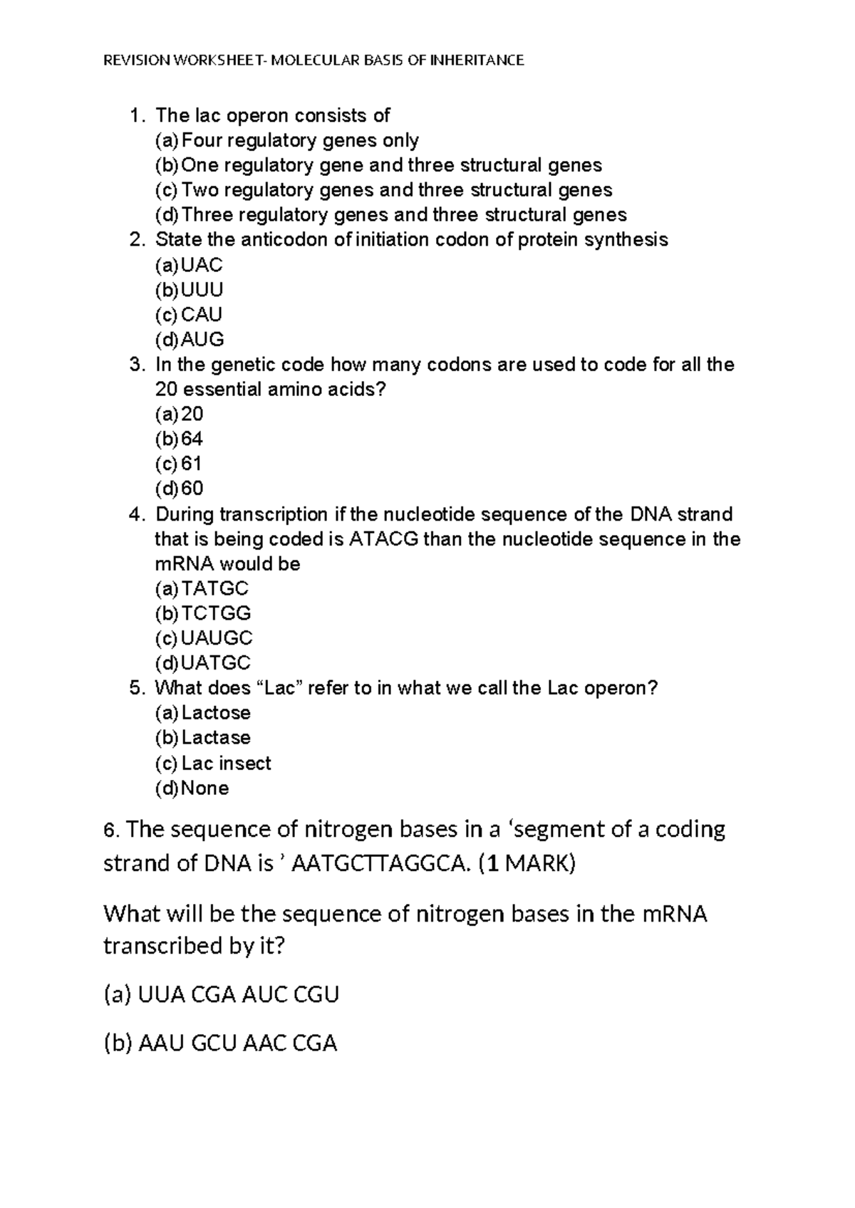 Revision Worksheet Molecular basis of inheritance - 1. The lac operon ...