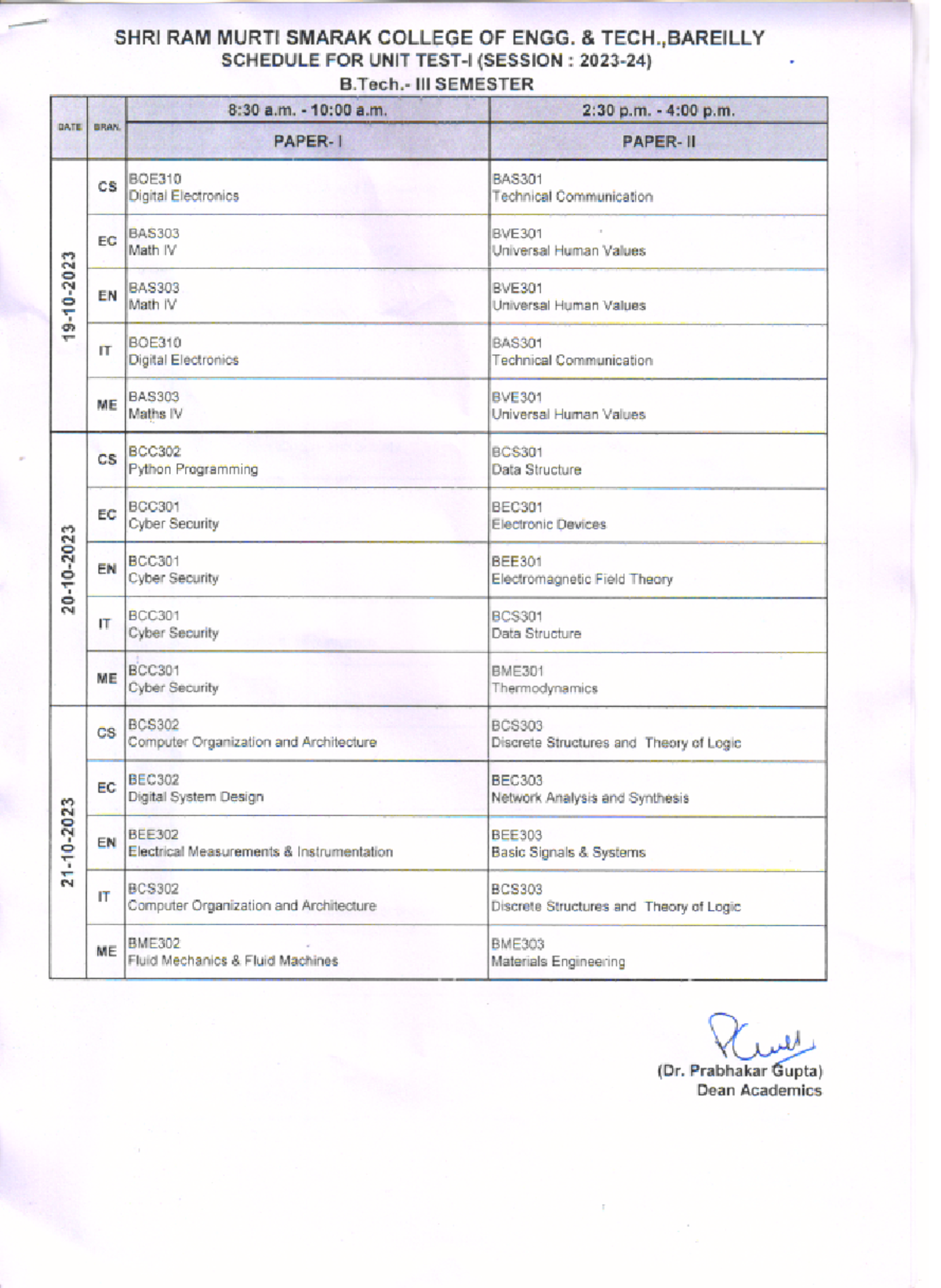 Schedule for Unit Test Exam 2023-24 - Science, Technology and Society ...