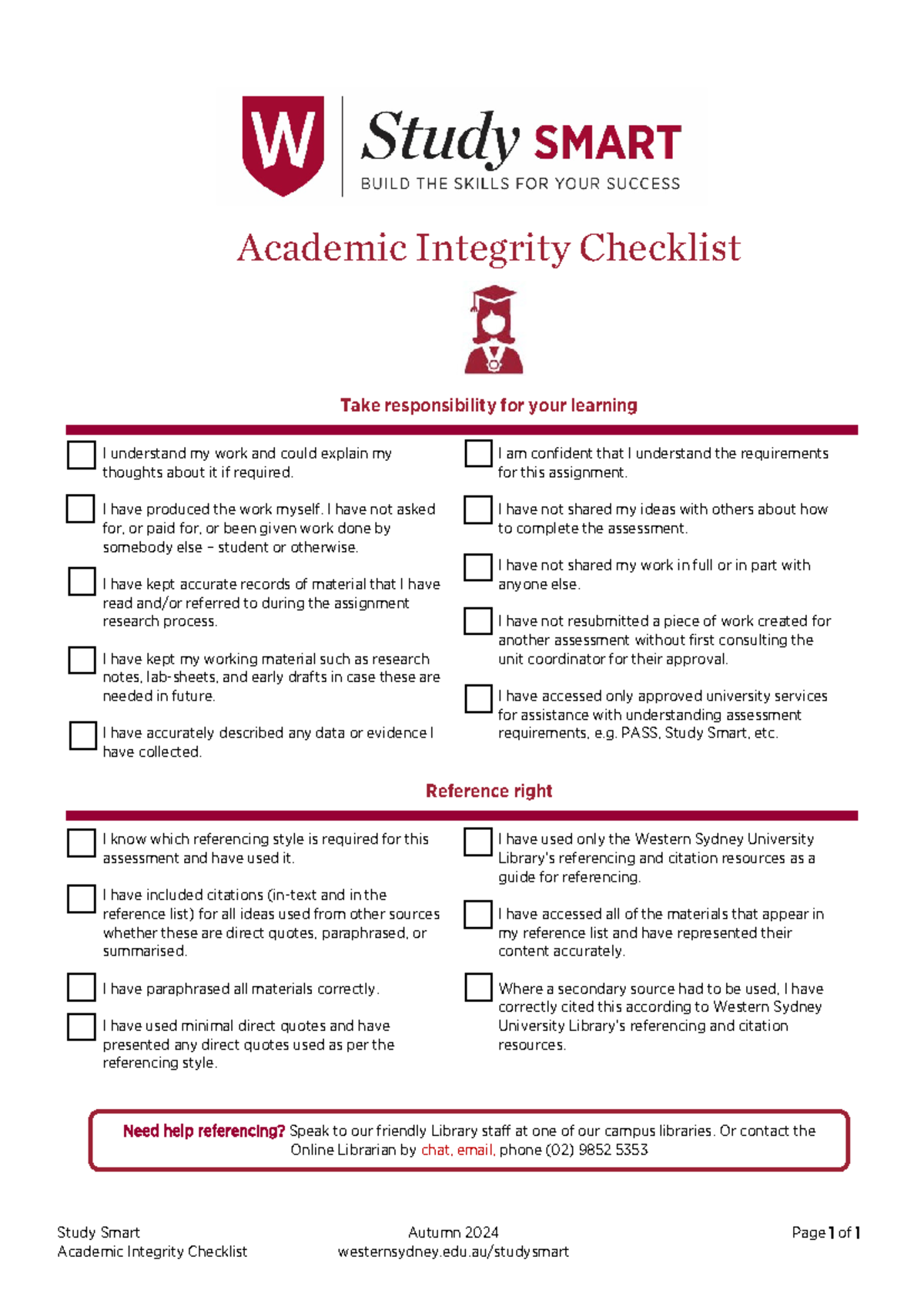 Academic integrity checklist - Study Smart Autumn 2024 Page 1 of 1 ...