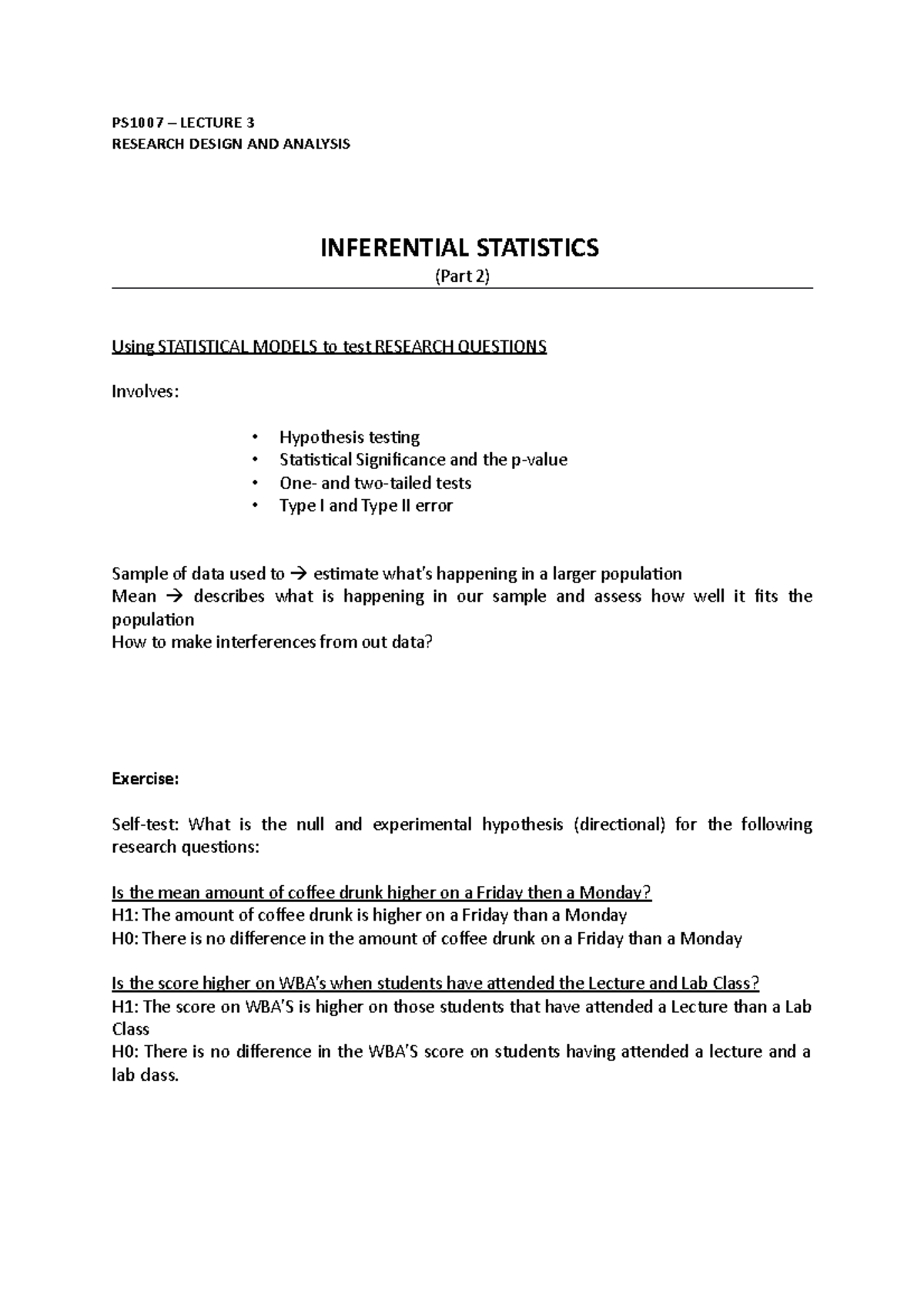 Inferential Statistics - PS1007 – LECTURE 3 RESEARCH DESIGN AND ...