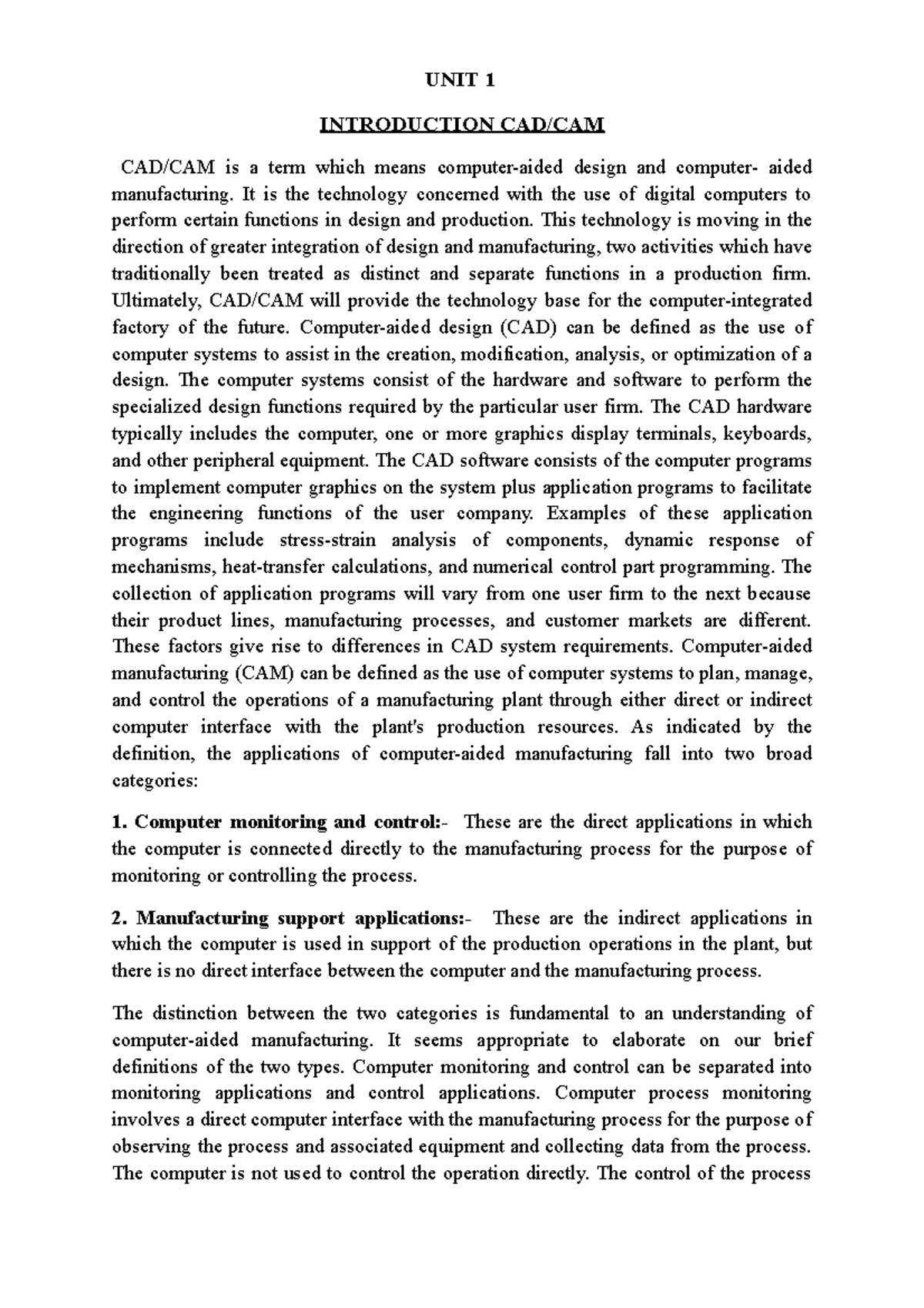 CAD CAM Notes - SHAILENDRA BOHRA - UNIT 1 INTRODUCTION CAD/CAM CAD/CAM ...