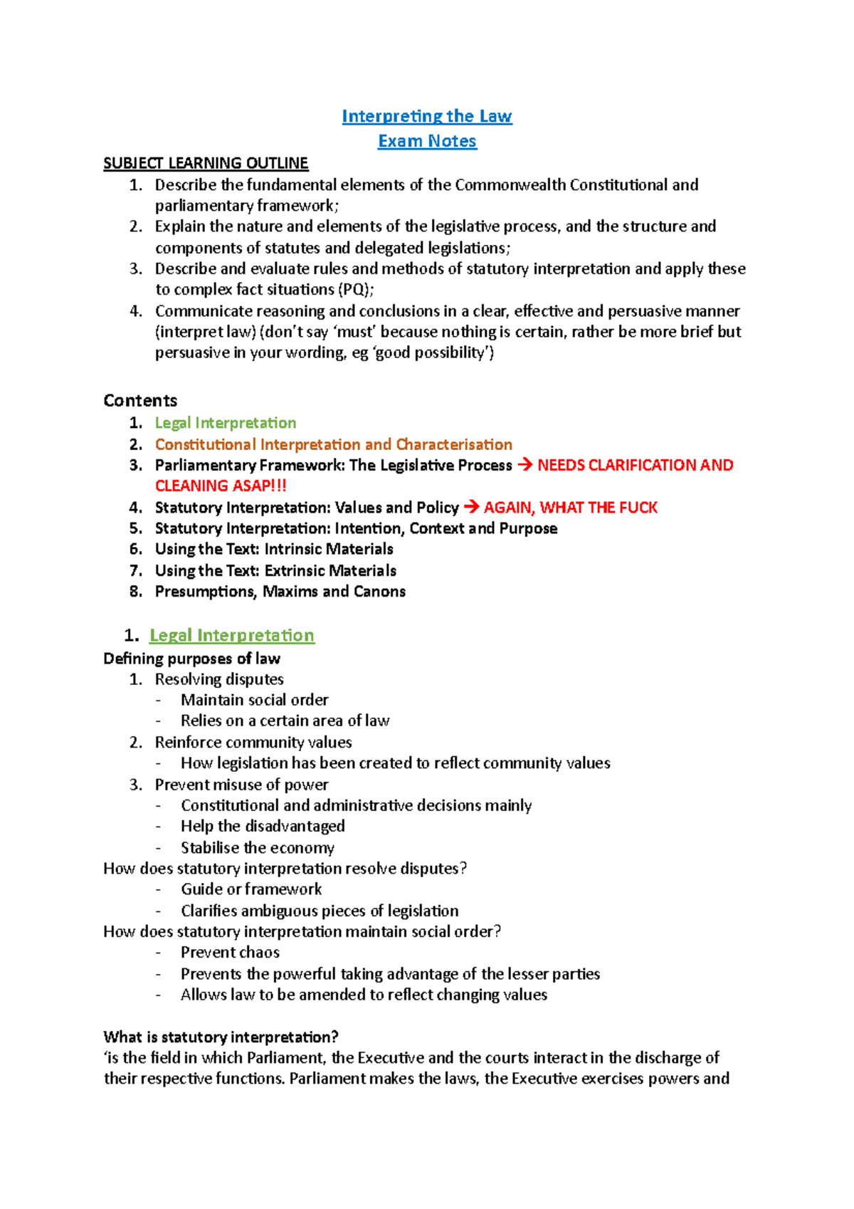 Interpreting the Law - Exam Notes - Interpreting the Law Exam Notes ...