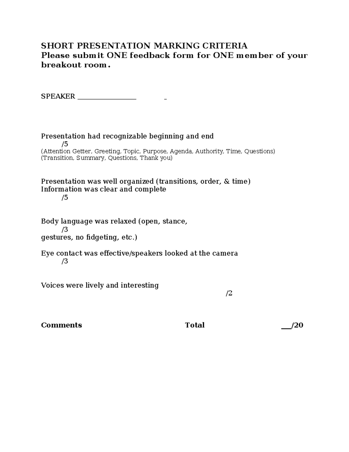Short Presentation Marking Criteria (3) - SHORT PRESENTATION MARKING ...
