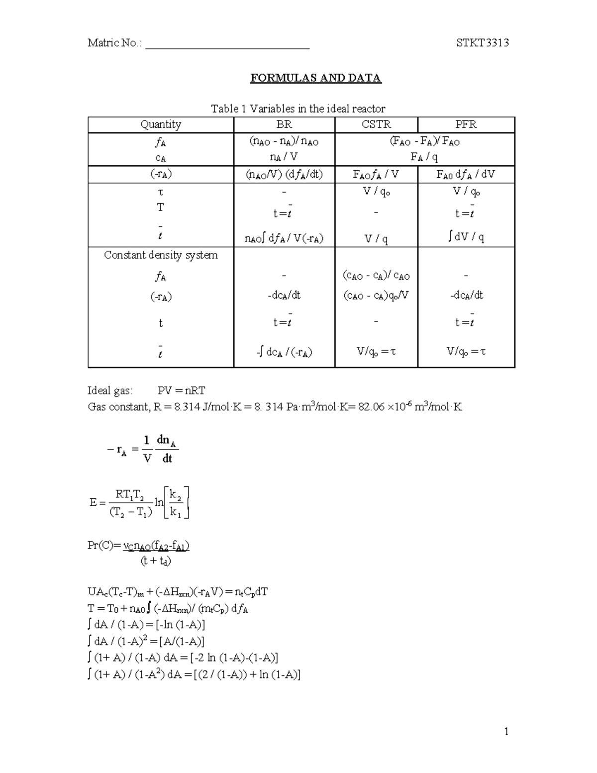 Formula Sheet STKT3313 231120 130332 - Matric No ...