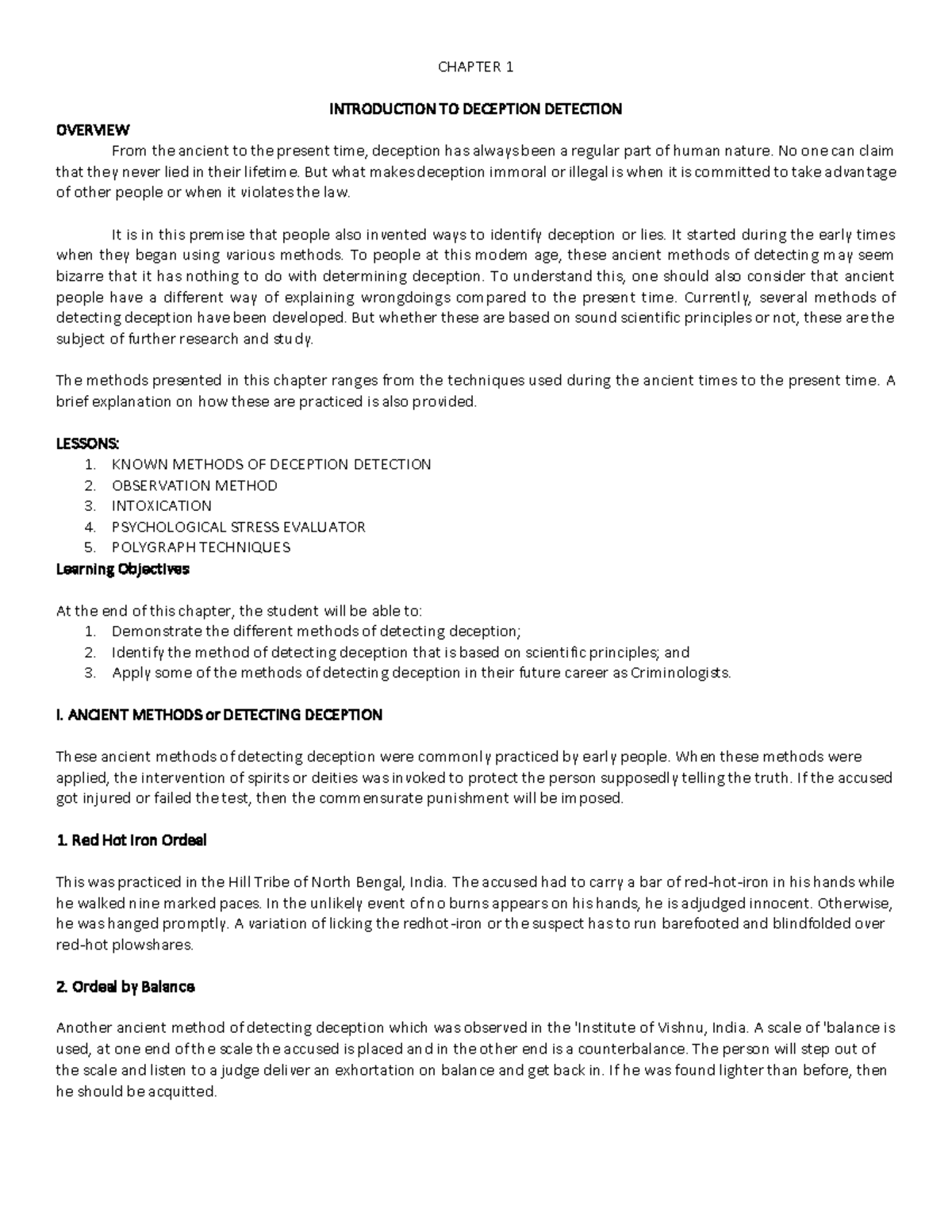 Polygraphy Module 1 - Study - CHAPTER 1 INTRODUCTION TO DECEPTION DETECTION OVERVIEW From the ...