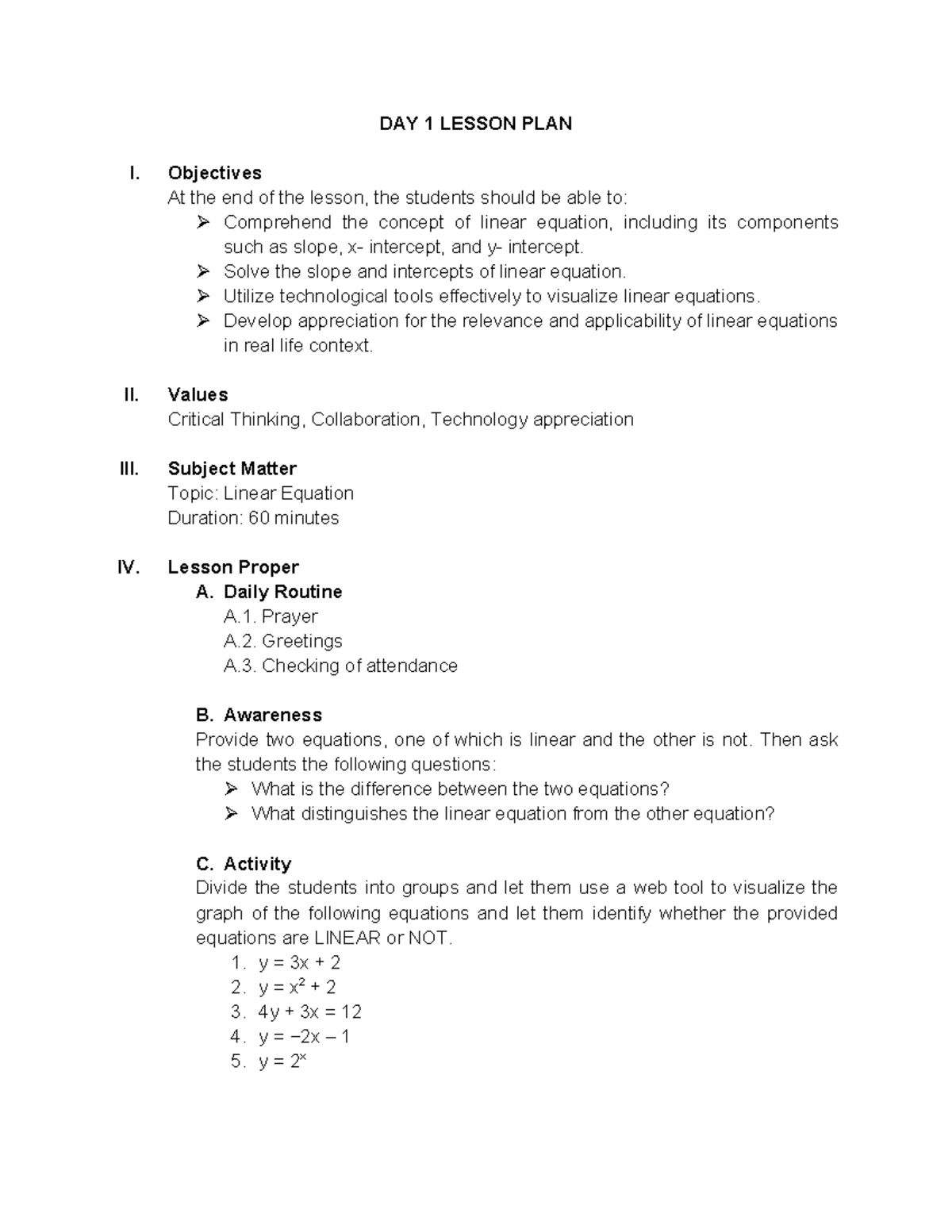 D1-LP - DAY 1 LESSON PLAN I. Objectives At the end of the lesson, the ...