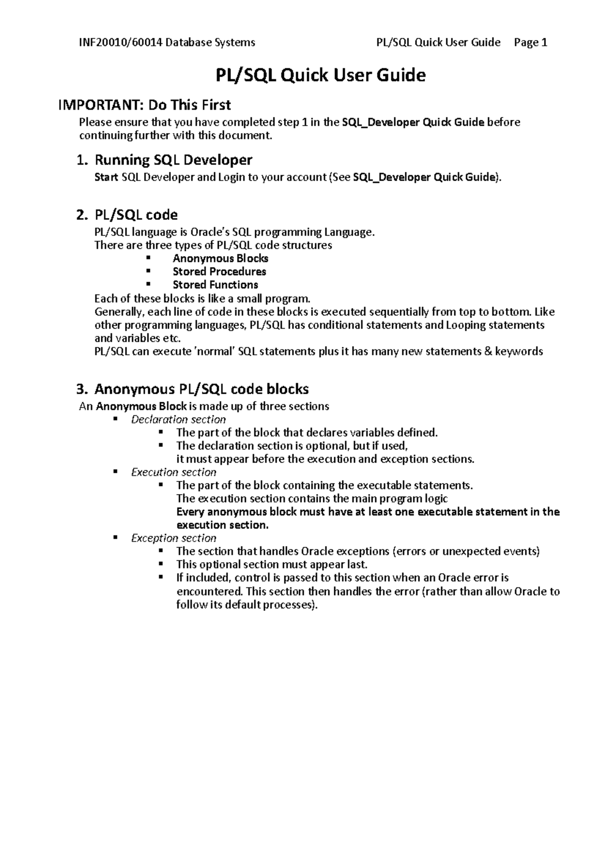 INF20010 Task 1 lab 1 - PL/SQL Quick User Guide IMPORTANT: Do This ...
