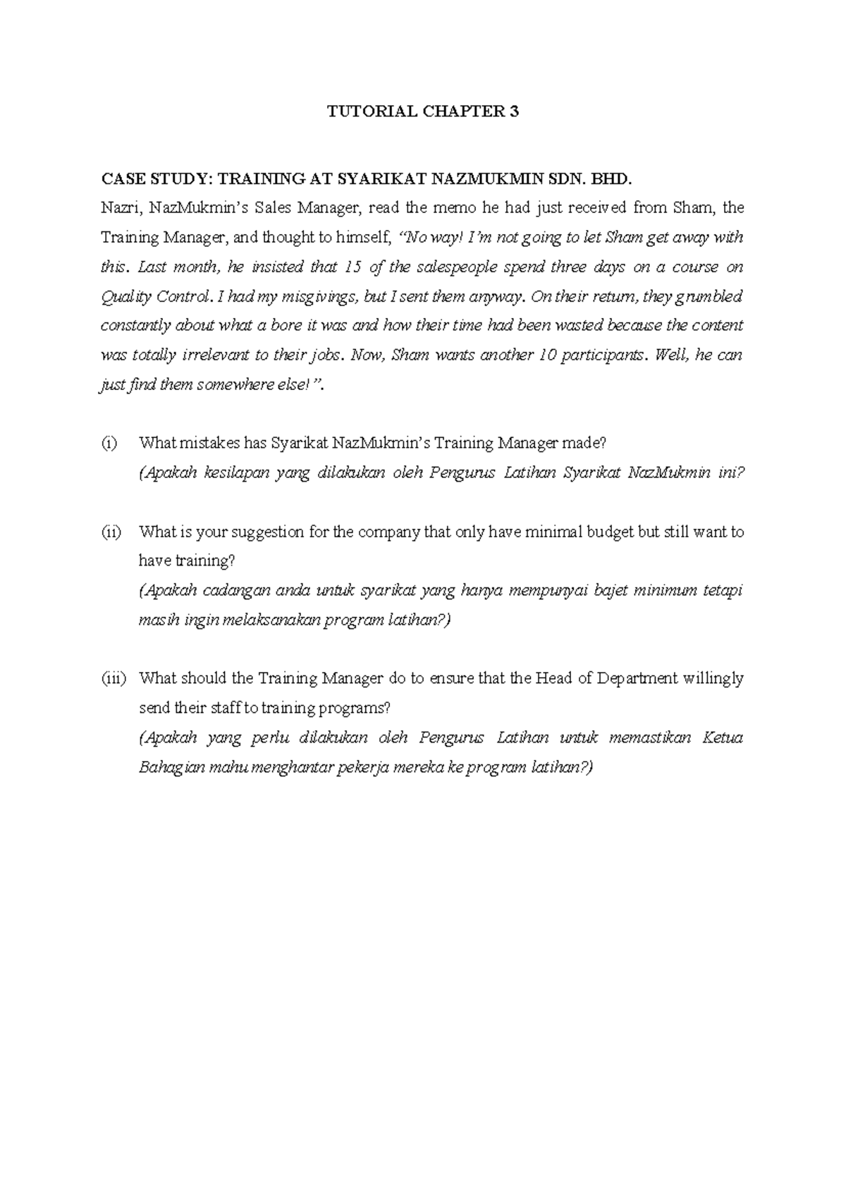 Tutorial 3 - short case study - TUTORIAL CHAPTER 3 CASE STUDY: TRAINING ...
