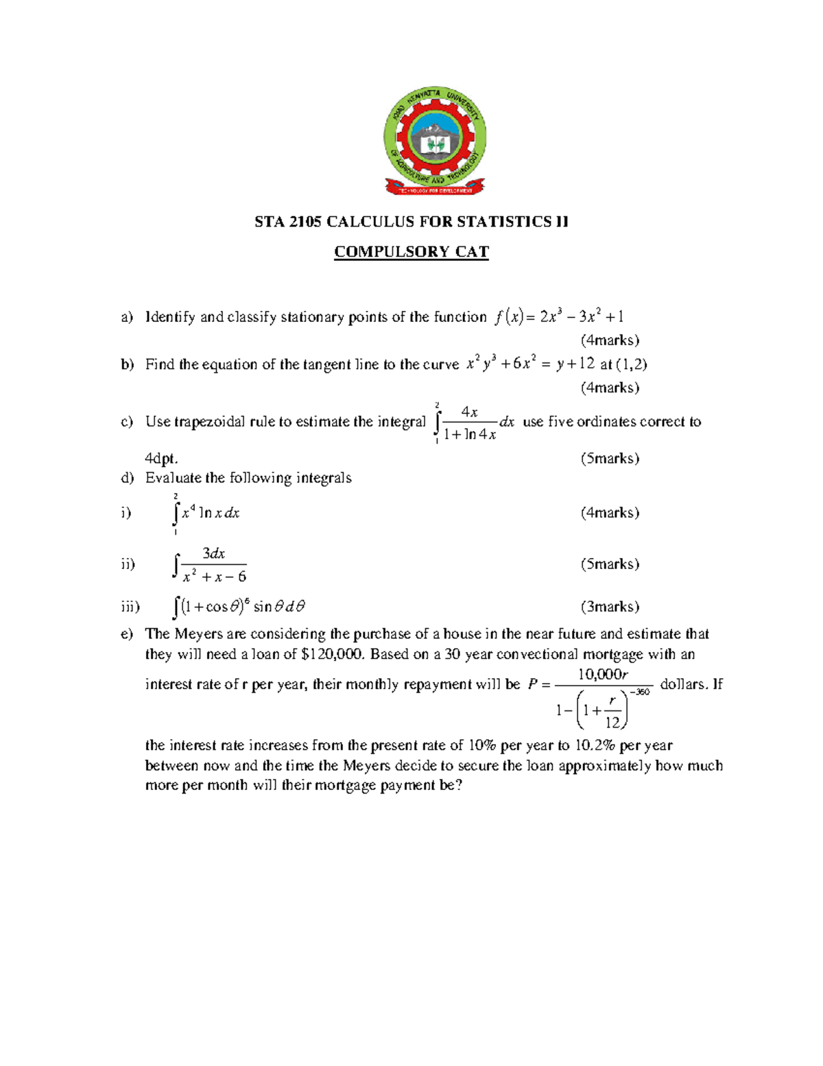 STA 2105 Calculus FOR Statistics II - STA 2105 CALCULUS FOR STATISTICS ...
