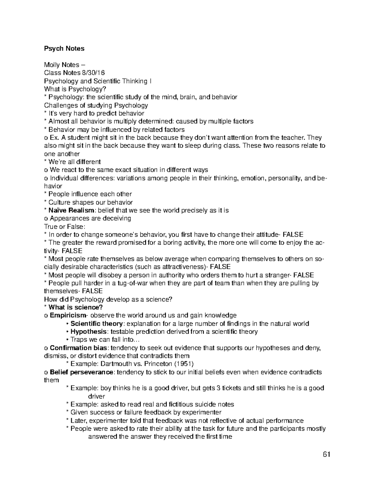 Psych 111 Notes - Psych Notes Molly Notes – Class Notes 8/30/16 ...