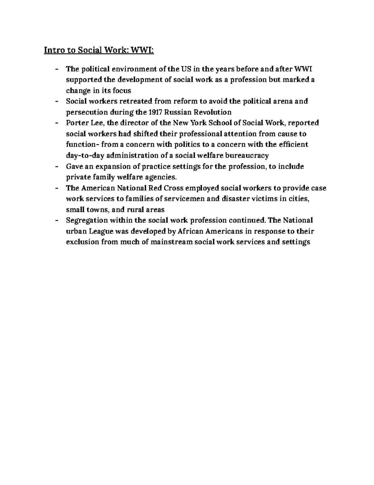 Intro to Social Work: WWI - SW 2000 - LSU - Studocu