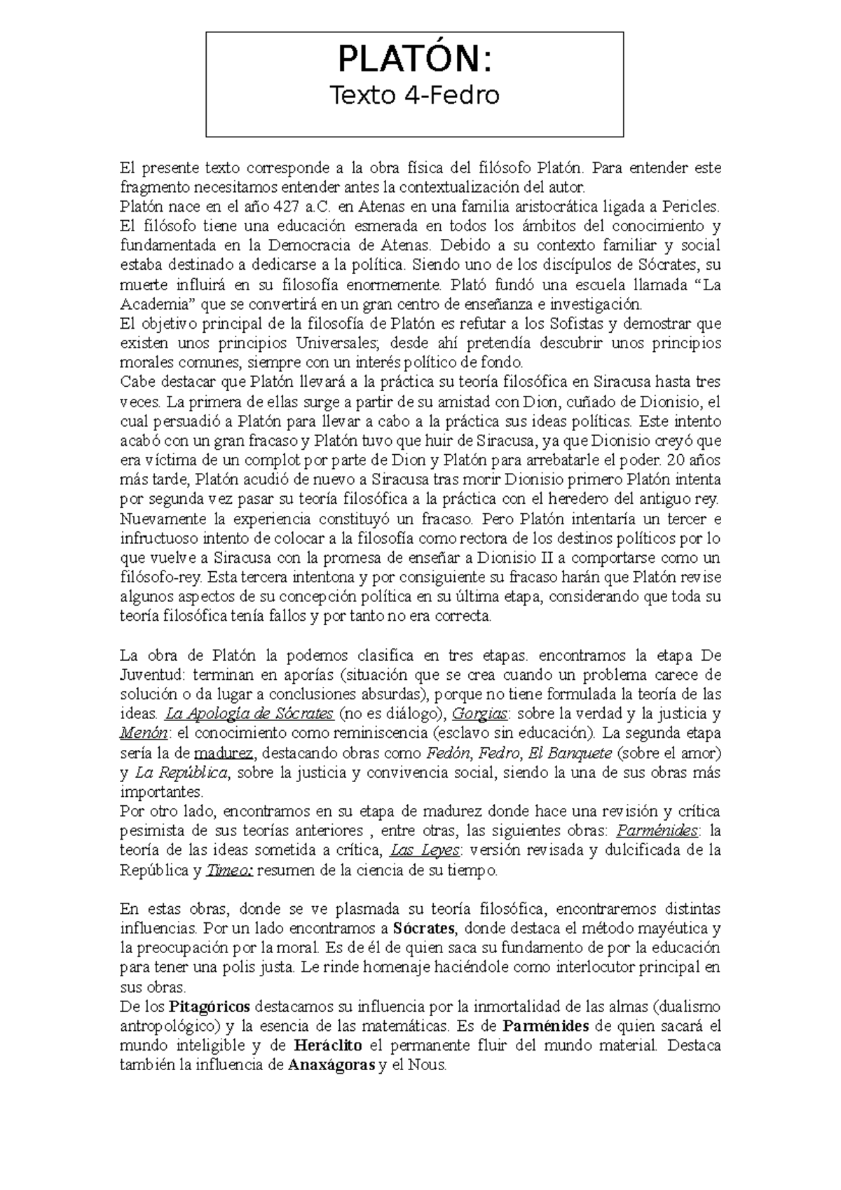 Comentario Texto 4-Fedro - El presente texto corresponde a la obra ...
