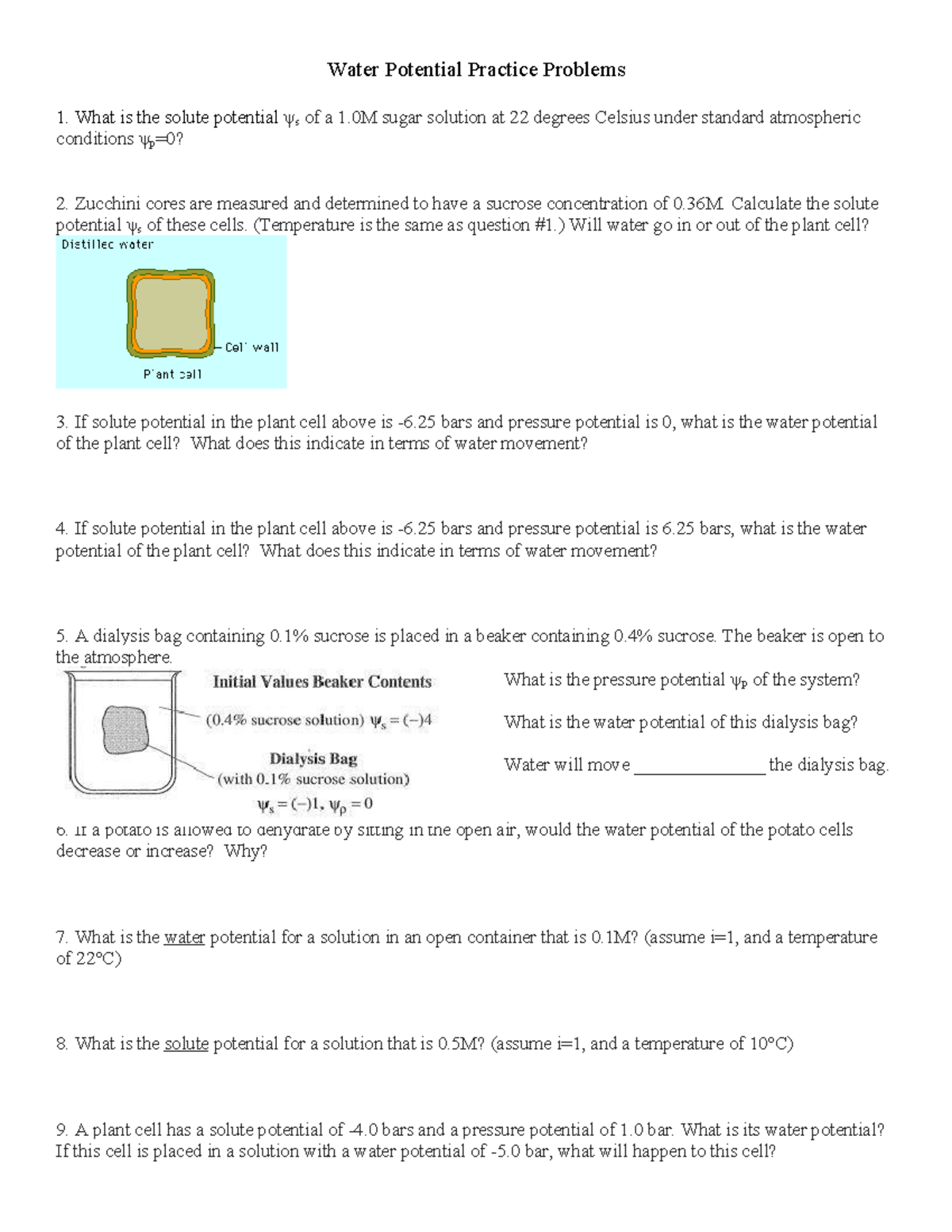 Water Potential Practice Problems-1 - Water Potential Practice Problems ...