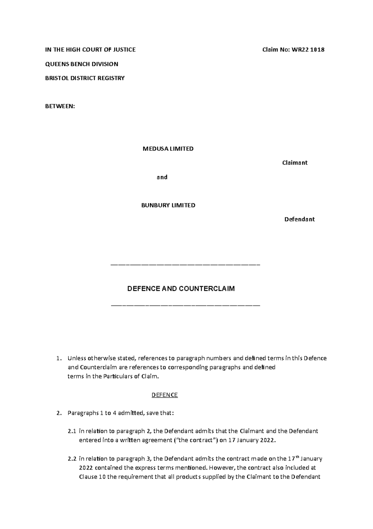 Defence Legal Drafting - IN THE HIGH COURT OF JUSTICE Claim No: WR22 ...