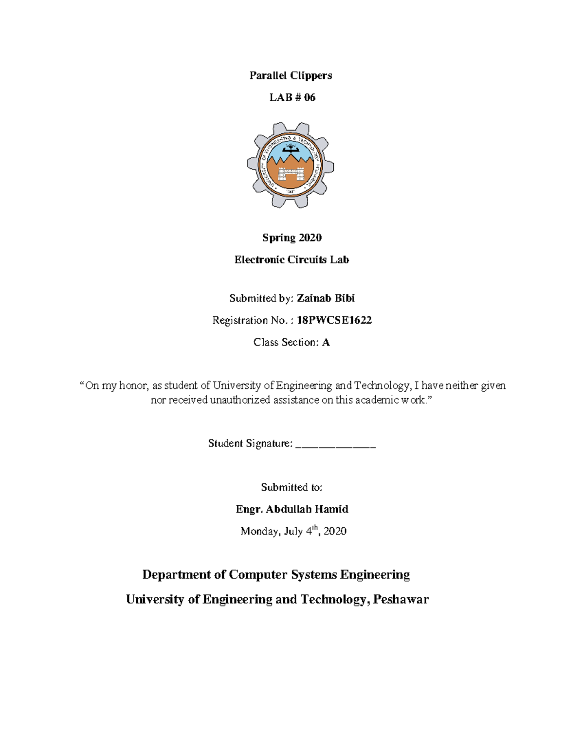 EC lab 6 - Lab report - Parallel Clippers LAB # 06 Spring 2020 ...