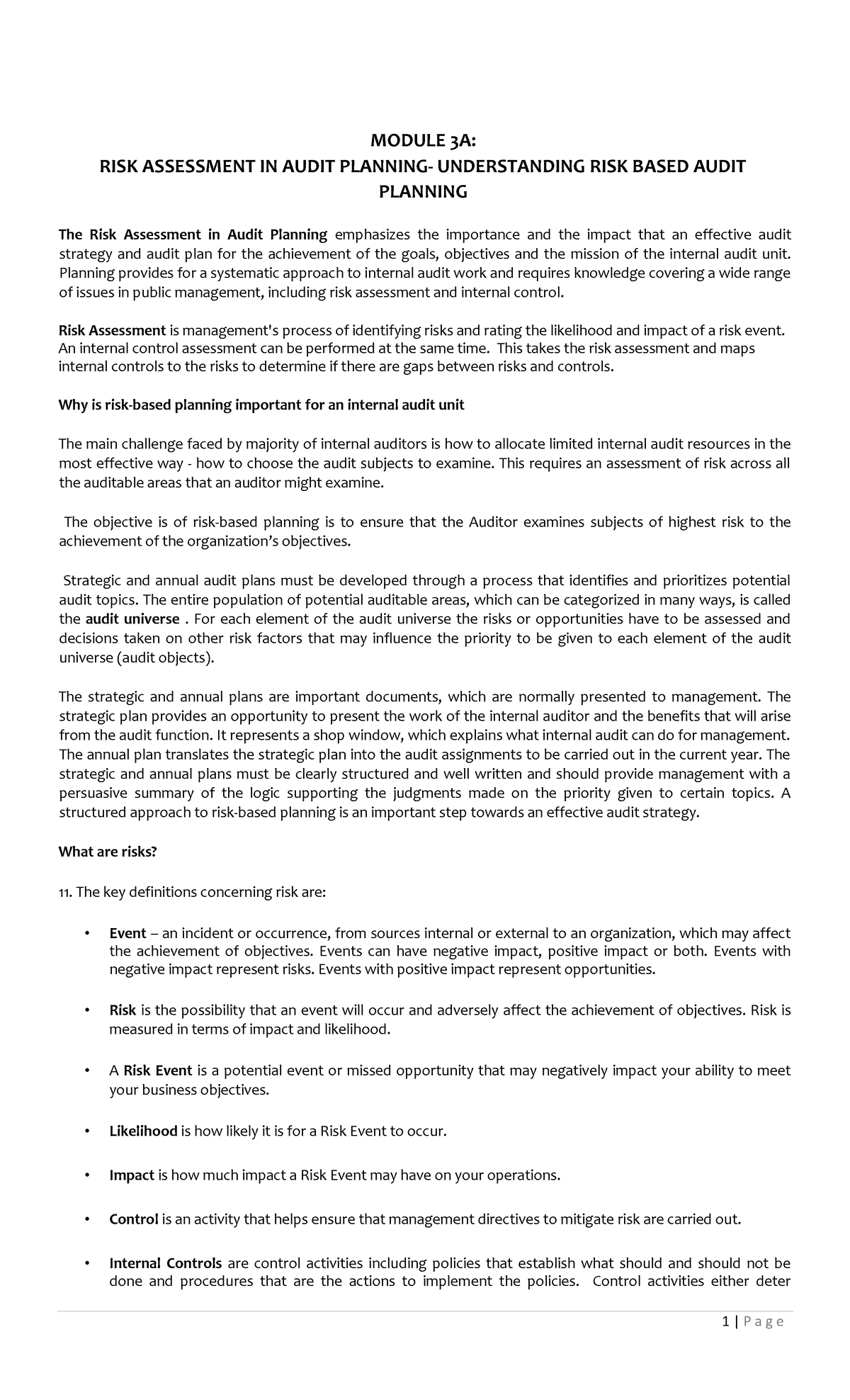 Module-3A - Operations Audit - MODULE 3A: RISK ASSESSMENT IN AUDIT ...