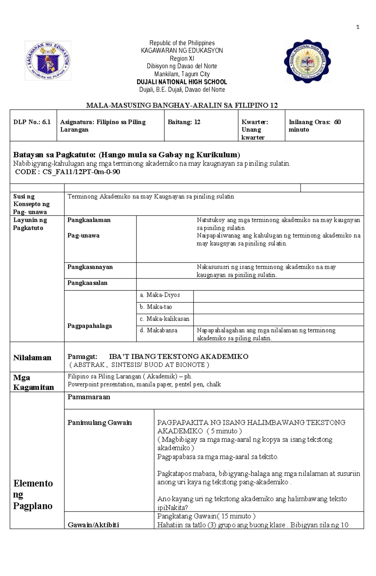 Q1 PL6( Akademik) - lesson plan example for all - Republic of the ...