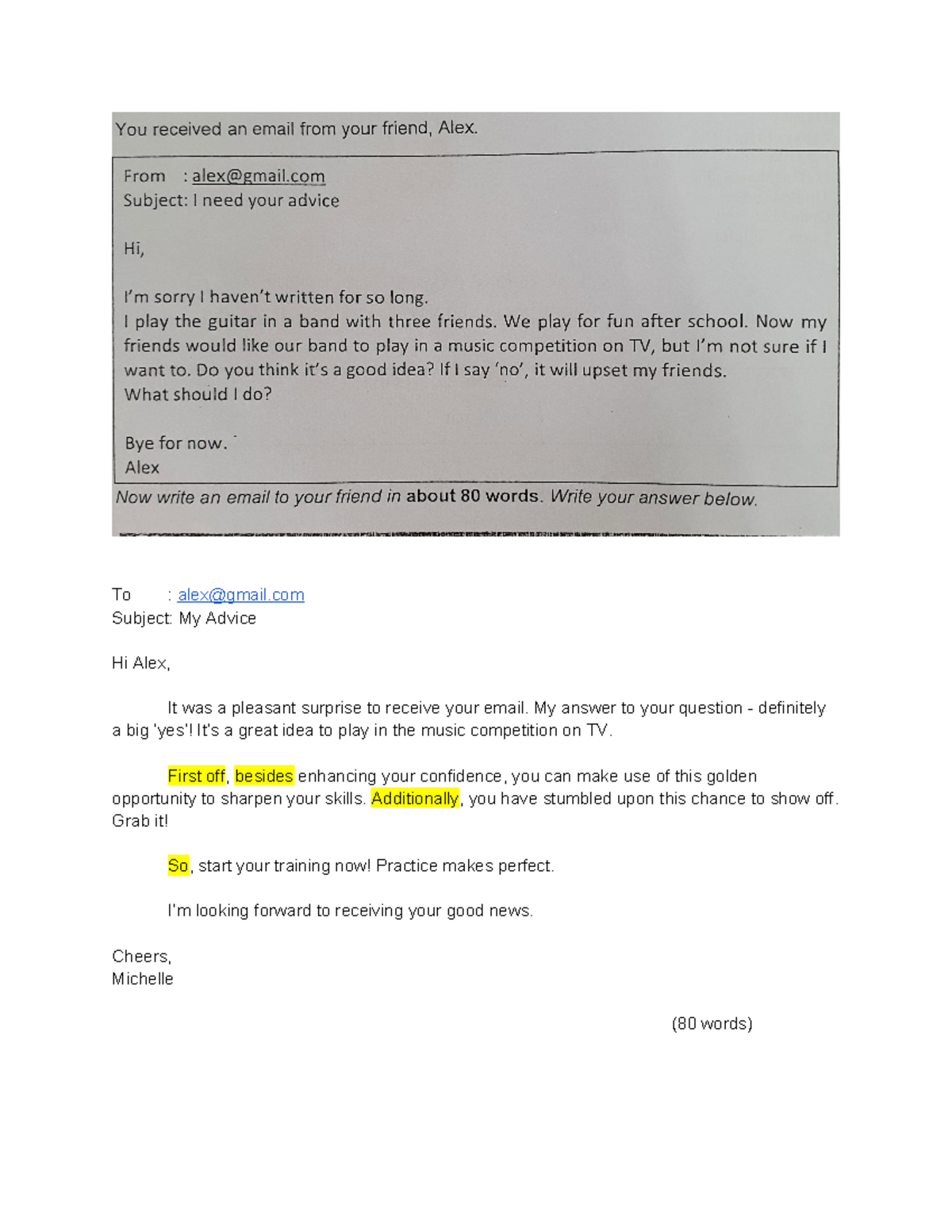 Sample for email writing - To : alex@gmail Subject: My Advice Hi Alex ...