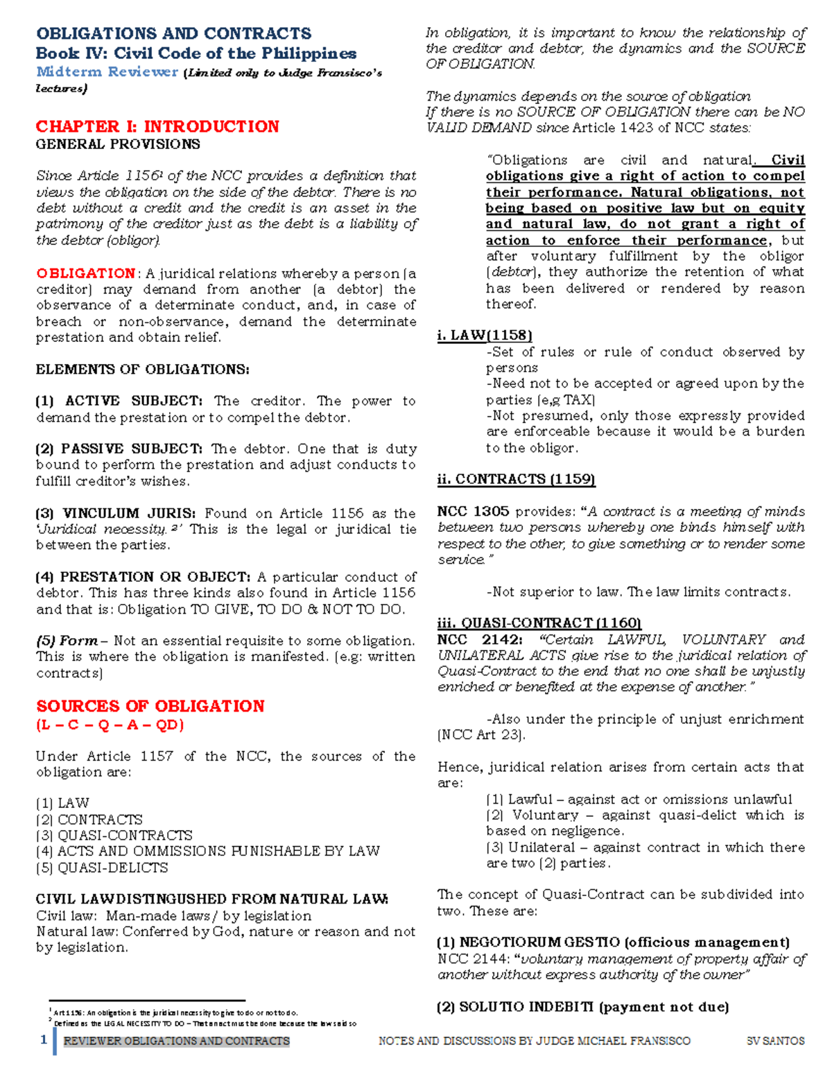 Obligations AND Contracts Reviewer Svsantos - OBLIGATIONS AND CONTRACTS Book IV: Civil Code of ...
