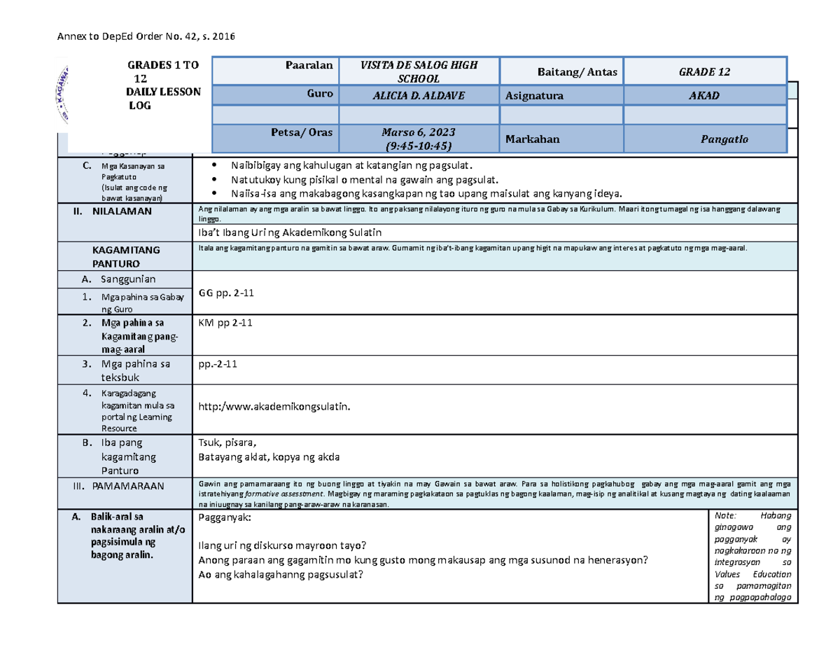 Dll akademik - personalize dll - Annex to DepEd Order No. 42, s. 2016 I ...