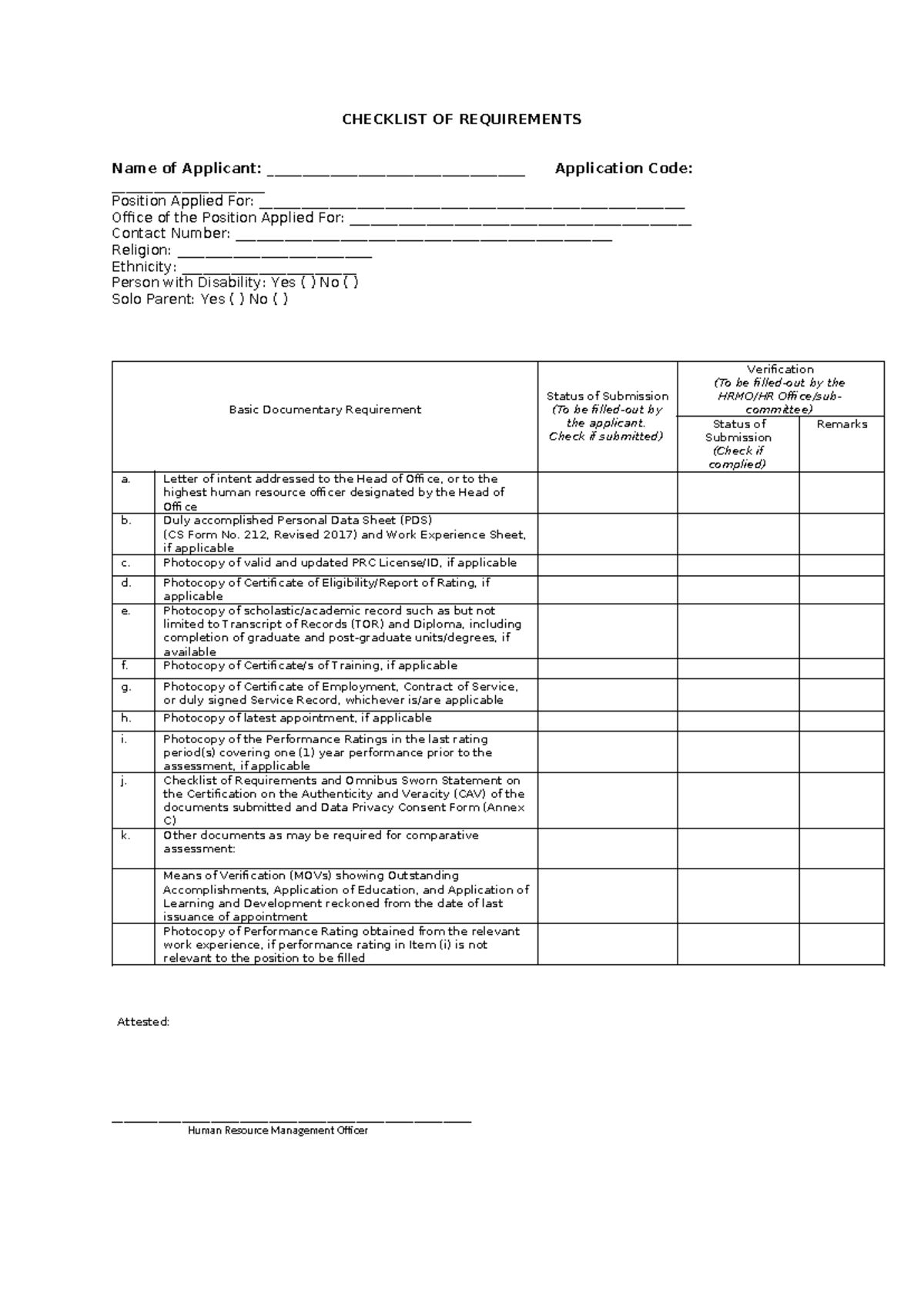 Checklist OF Requirements - CHECKLIST OF REQUIREMENTS Name of Applicant ...