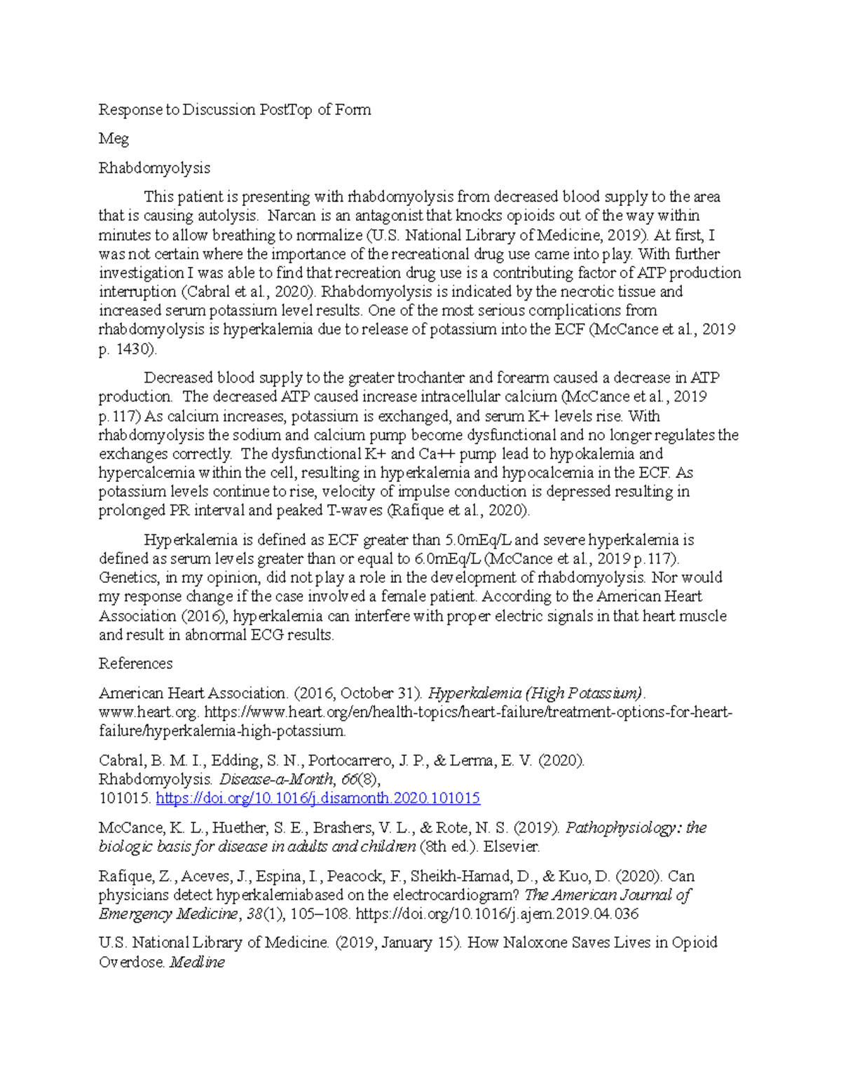 Response to Discussion Post Top of Form 6051 Advance - NURS 6670 ...