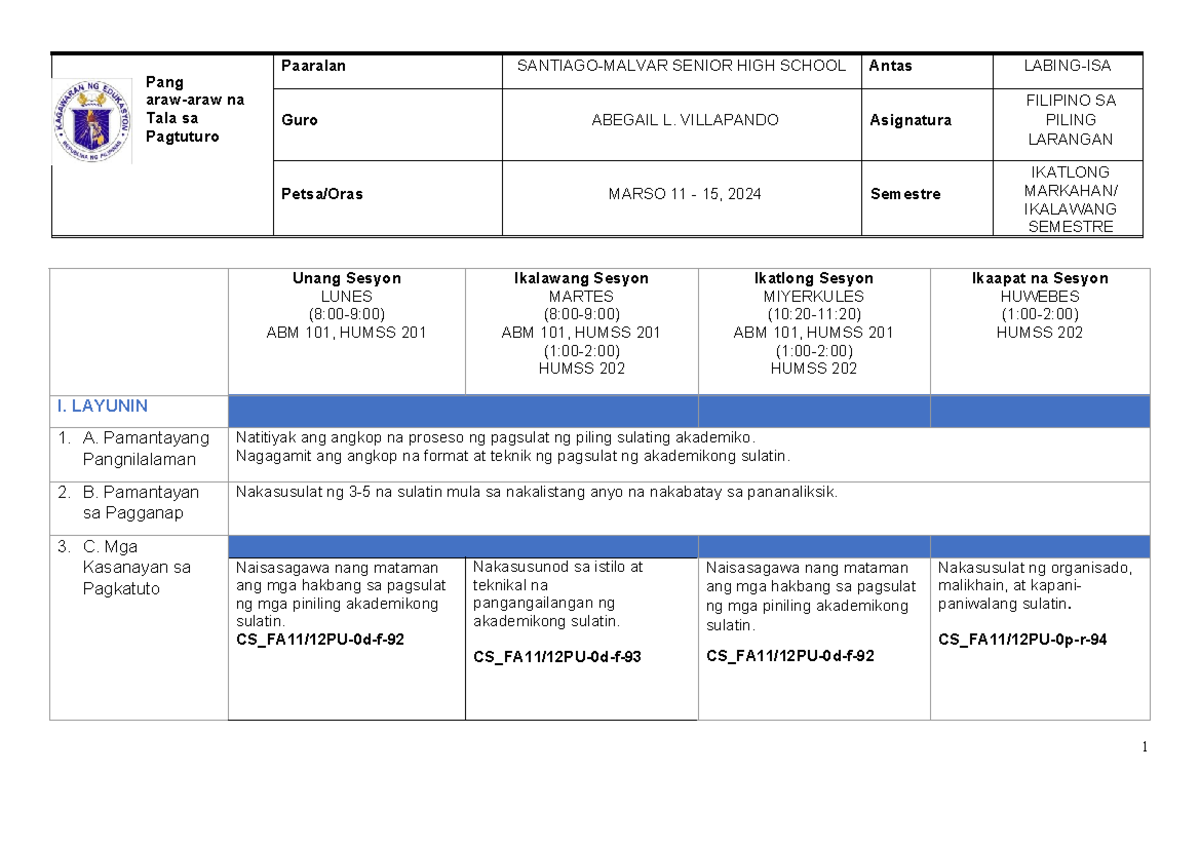 Filipino SA Piling Larangan DLL Q3 - WEEK 7 - Pang araw-araw na Tala sa Pagtuturo Paaralan - Studocu