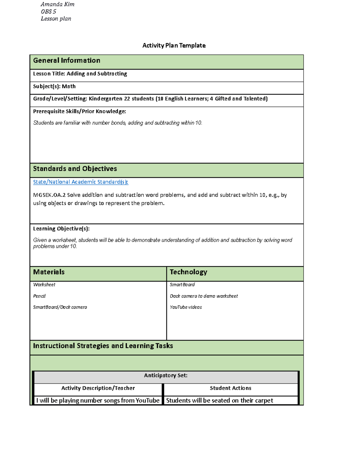 Obs5LP - Lesson Plan for Kindergarten - Amanda Kim OBS 5 Lesson plan Activity Plan Template ...