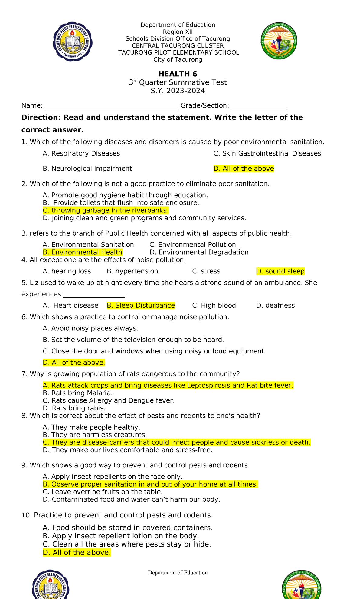 Summative TEST Health Q3 2023 2024 - Department of Education Region XII ...