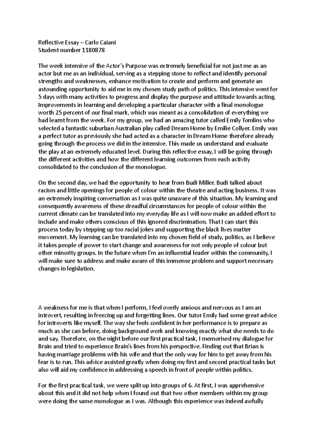Acting Reflection - Reflective Essay – Carlo Caiani Student number ...