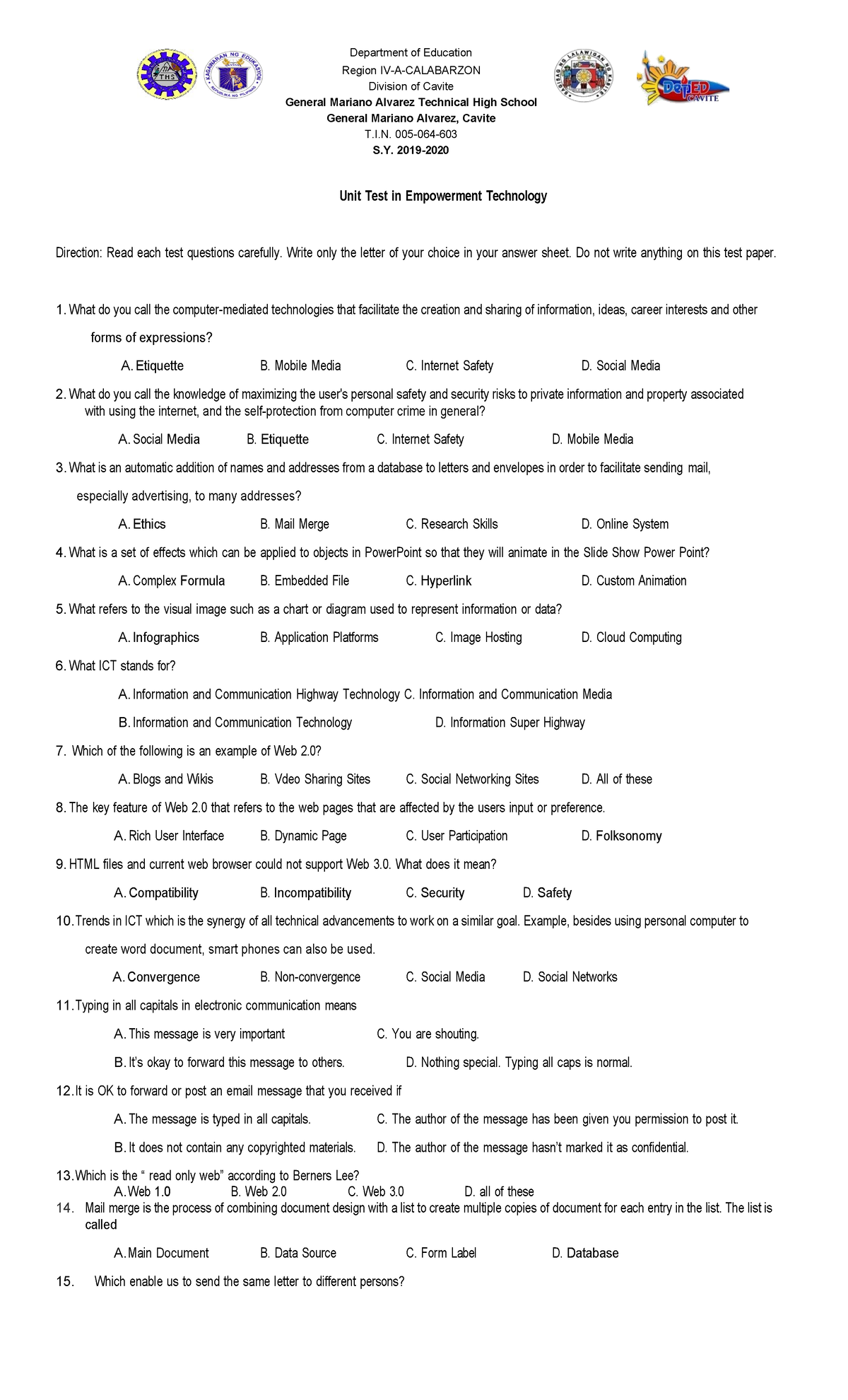 Unit-test-in-empowerment-technology - Department of Education Region IV ...