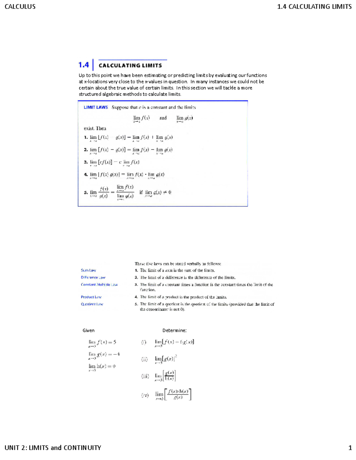 1.4 Calculating Limits - CALCULUS 1 CALCULATING LIMITS - Studocu