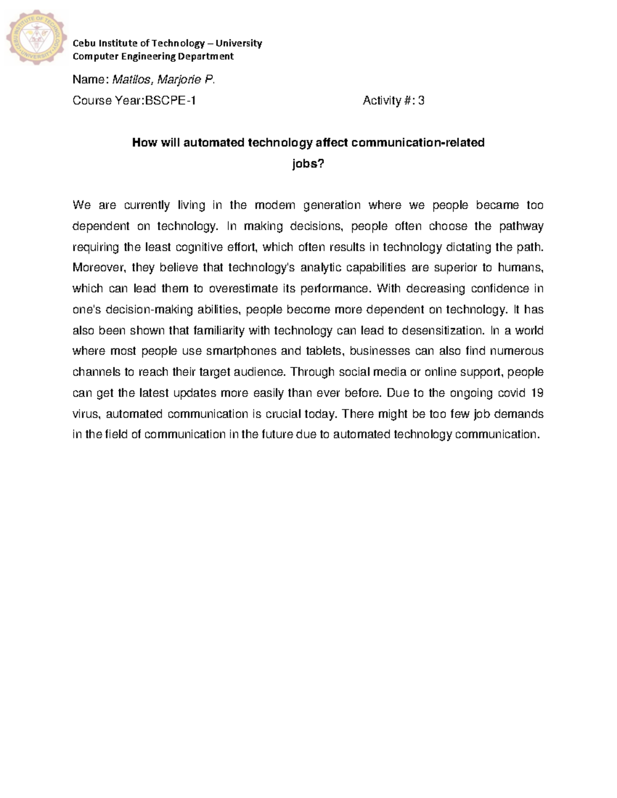 How will automated technology affect communication-related jobs? - Cebu Institute of Technology ...