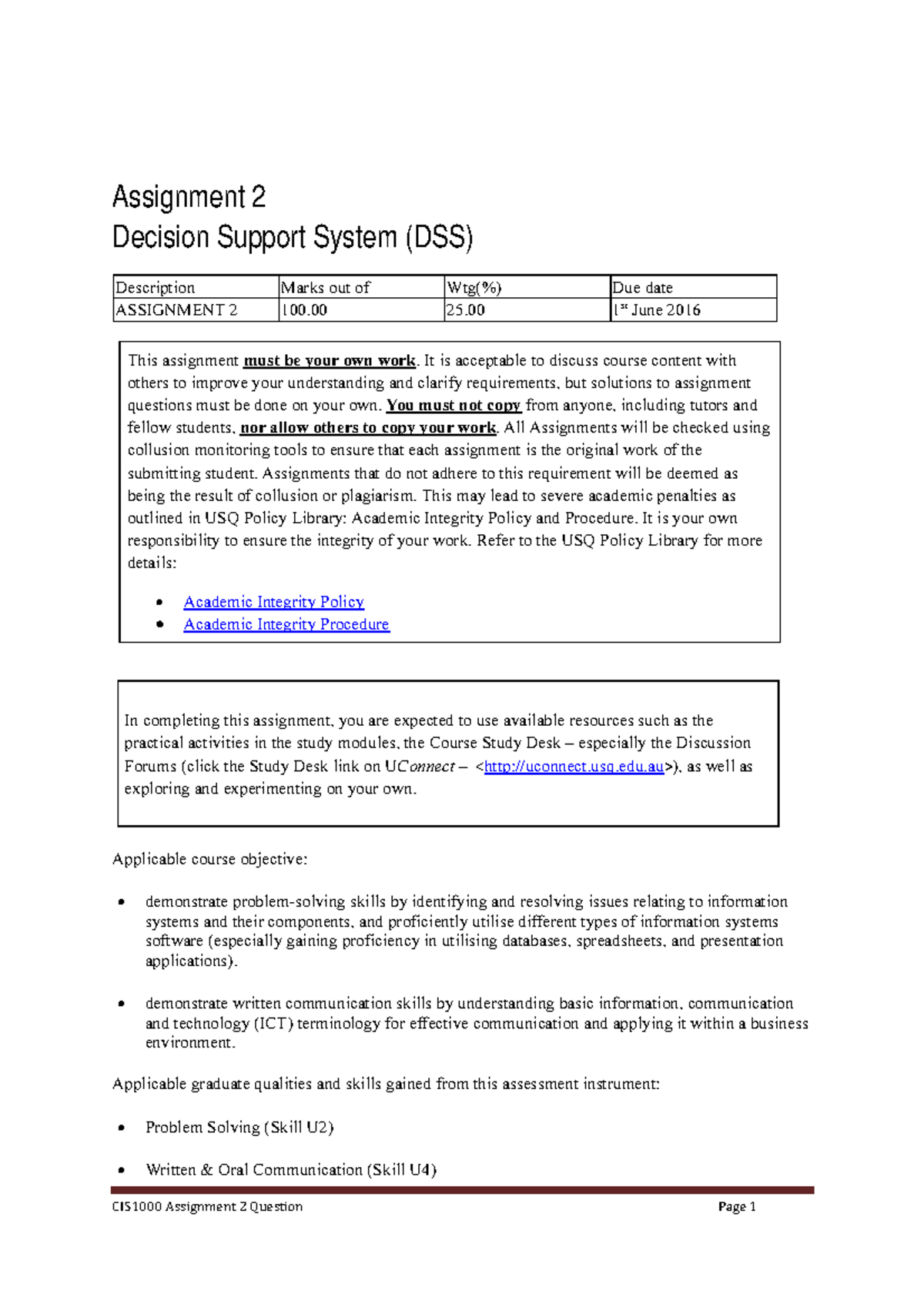 Assignment 02 Question File S1 2016 - Assignment 2 Decision Support System (DSS) Description ...