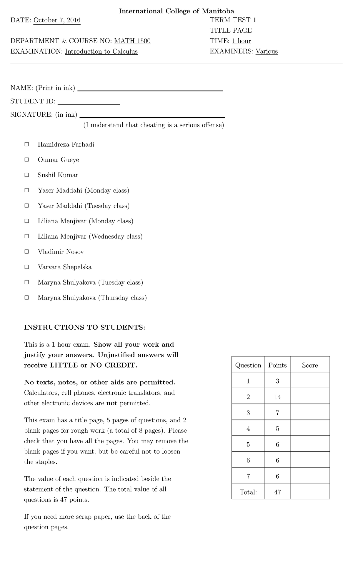 Mid Term 1 (Fall 2016 ) KEY - DATE: October 7, 2016 DEPARTMENT & COURSE ...